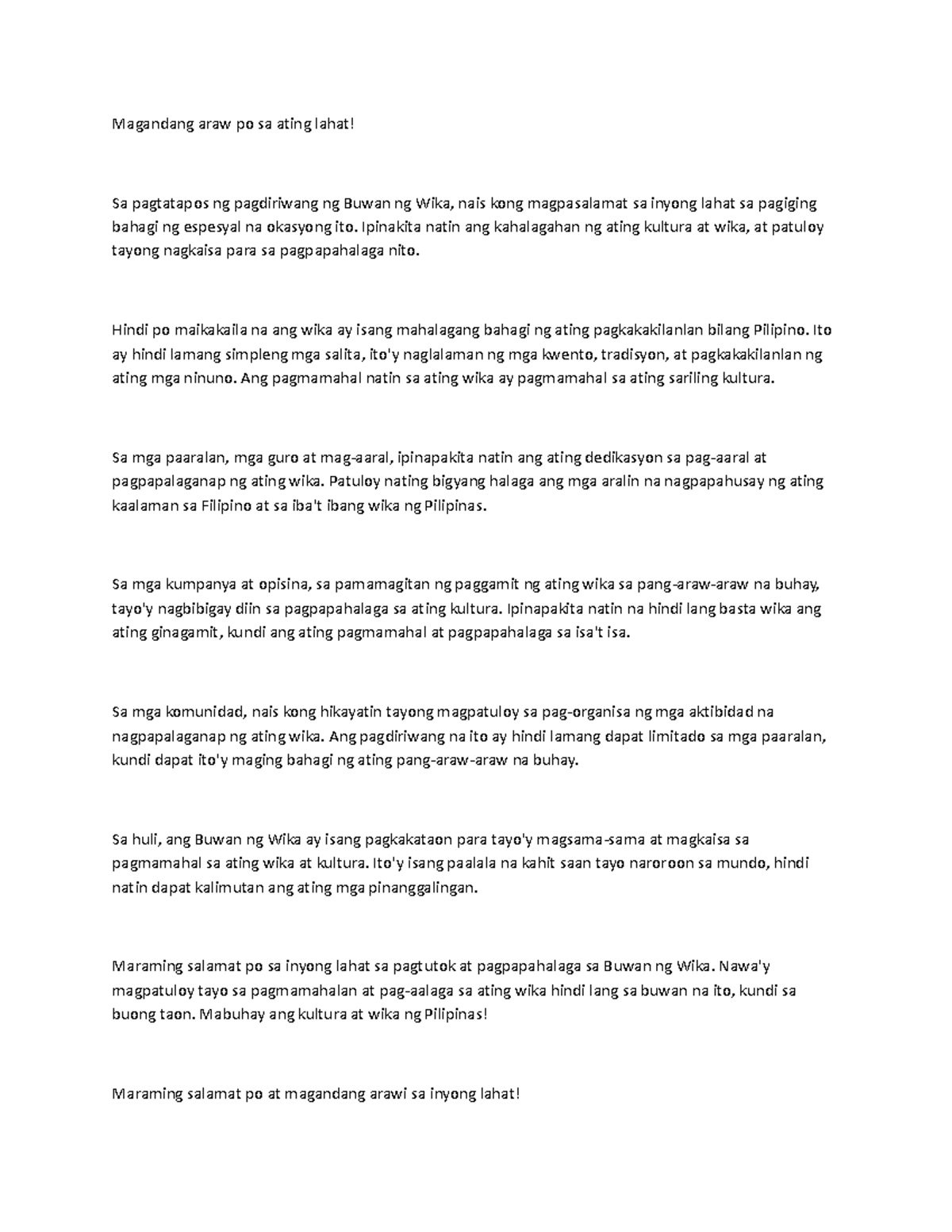 Buwan ng Wika 2023: Pagsasara at Pagsasama ng Kultura at Wika - Studocu