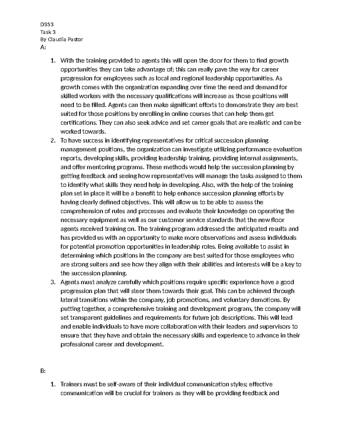 D353 Task 3: Strategies for Agent Development and Succession Planning ...
