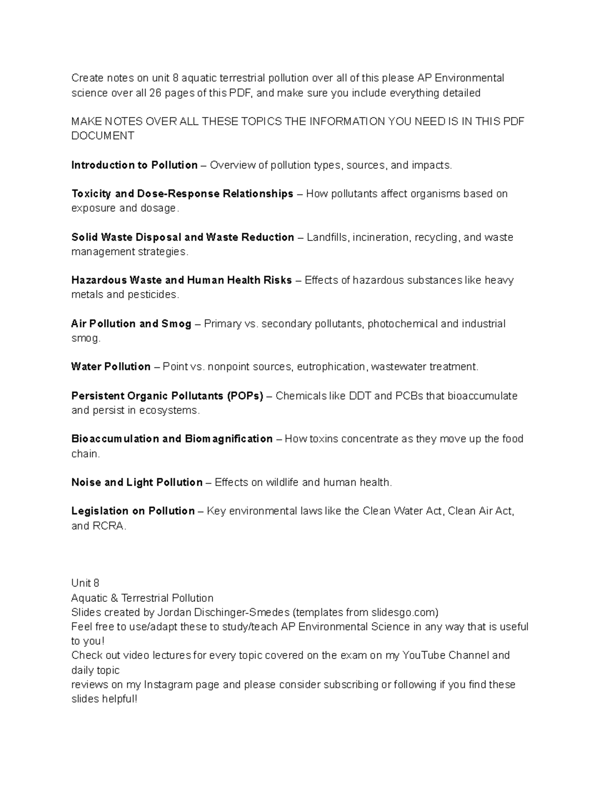 AP Environmental Science Unit 8: Aquatic & Terrestrial Pollution Study ...