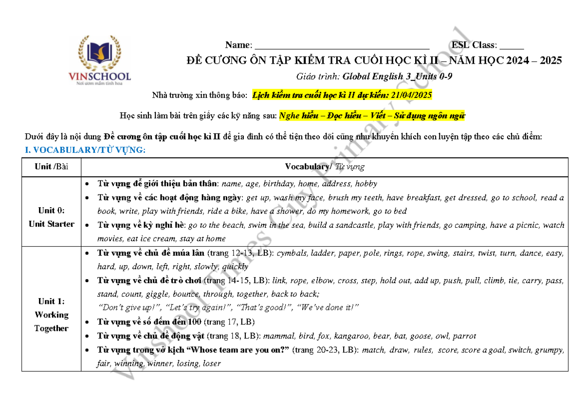 ESL 2024-2025: Final Exam Review for Units 1-9 - Studocu