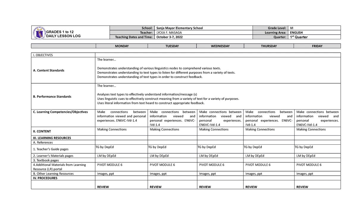 DLL English-6 Q1 W3 - Daily Lesson Log for Week 3 of the First Quarter ...