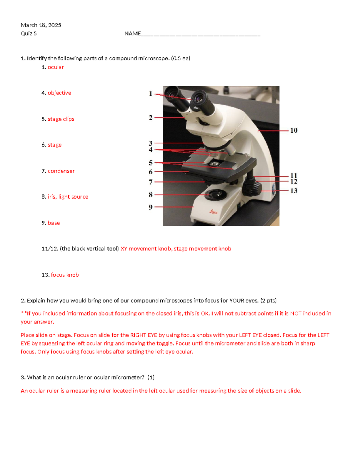 Quiz 5: Compound Microscope Identification and Usage - BIOL101 - March ...