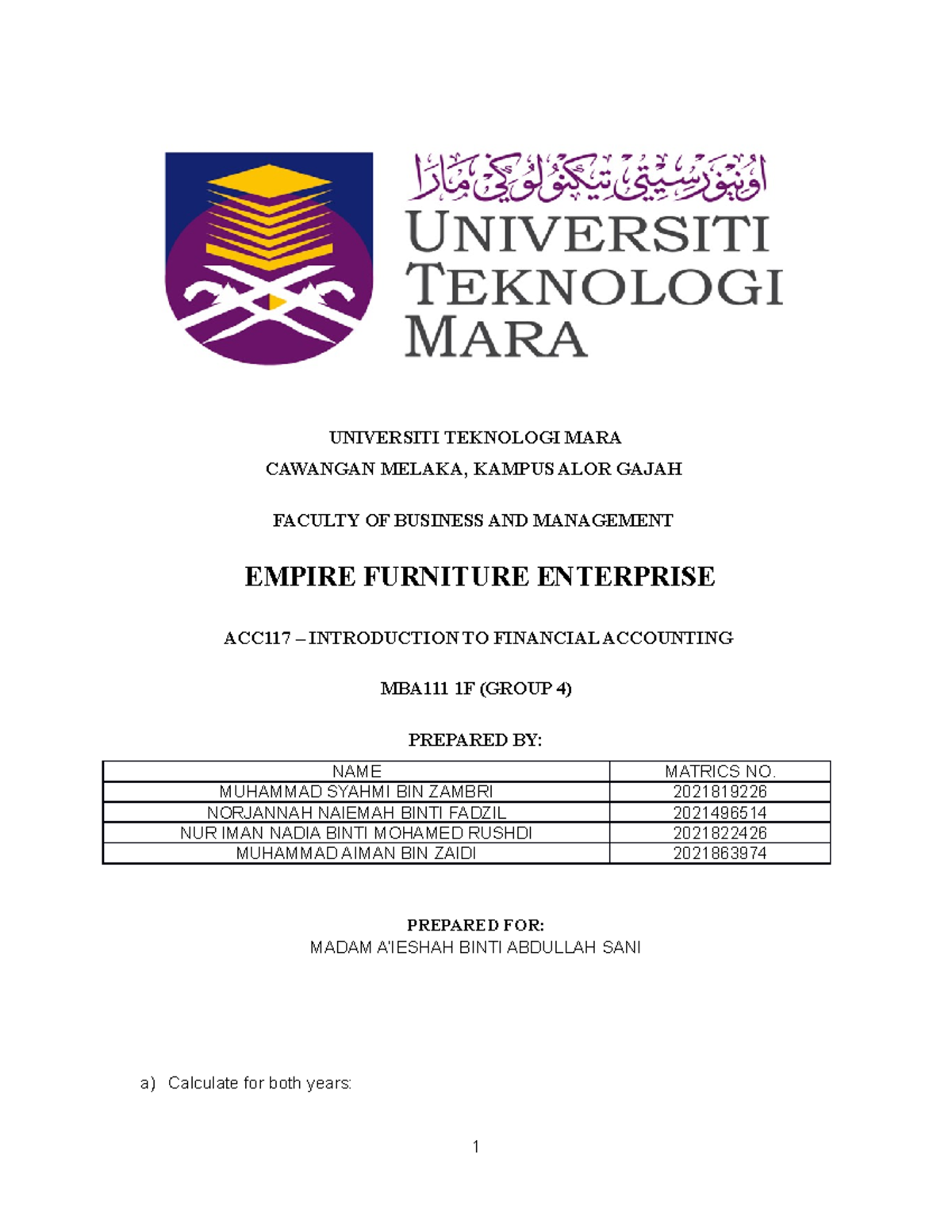 ACC117 Group Project 2 - Introduction in Financial Accounting - UiTM ...