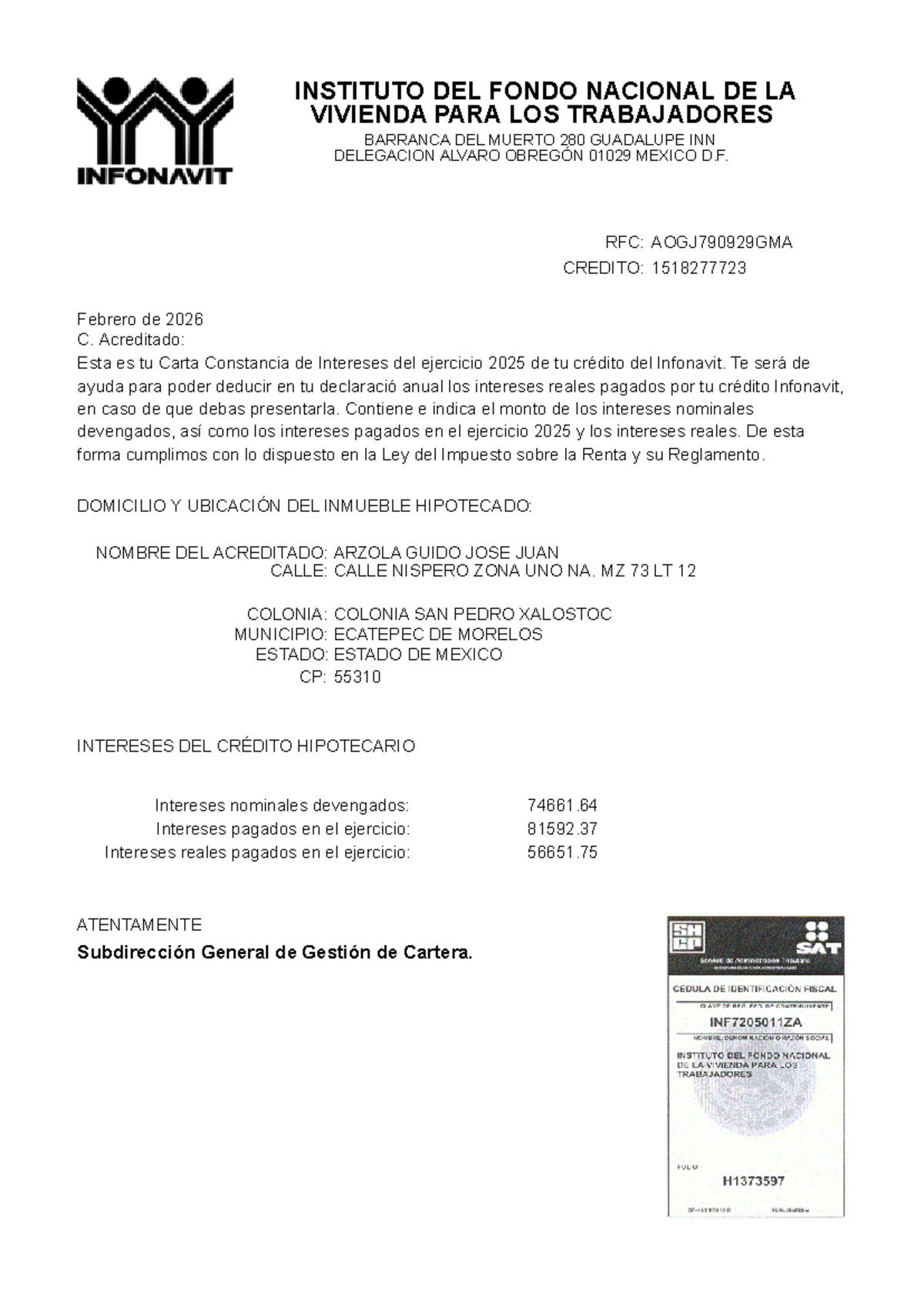 Constancia de Intereses Infonavit 2025 - Declaración Anual - Studocu