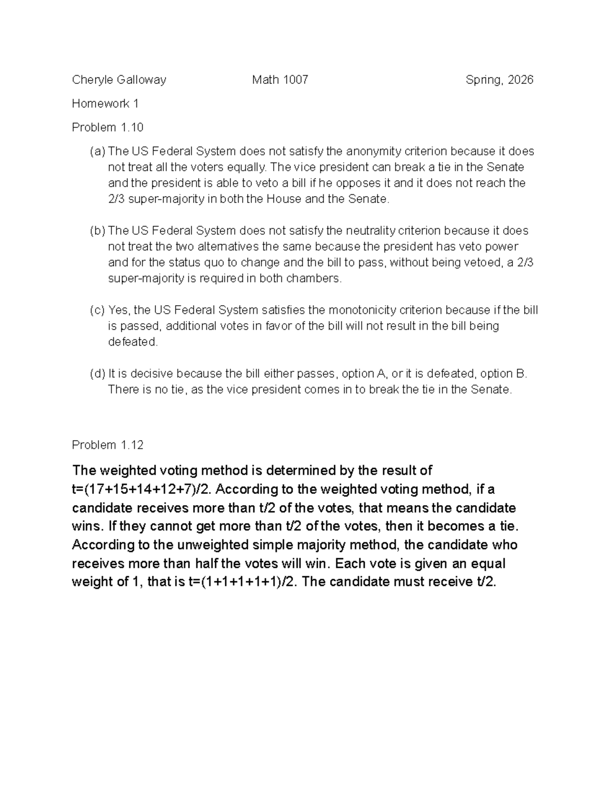Math 1007 Spring 2026 Homework 1: Voting Methods Analysis - Studocu