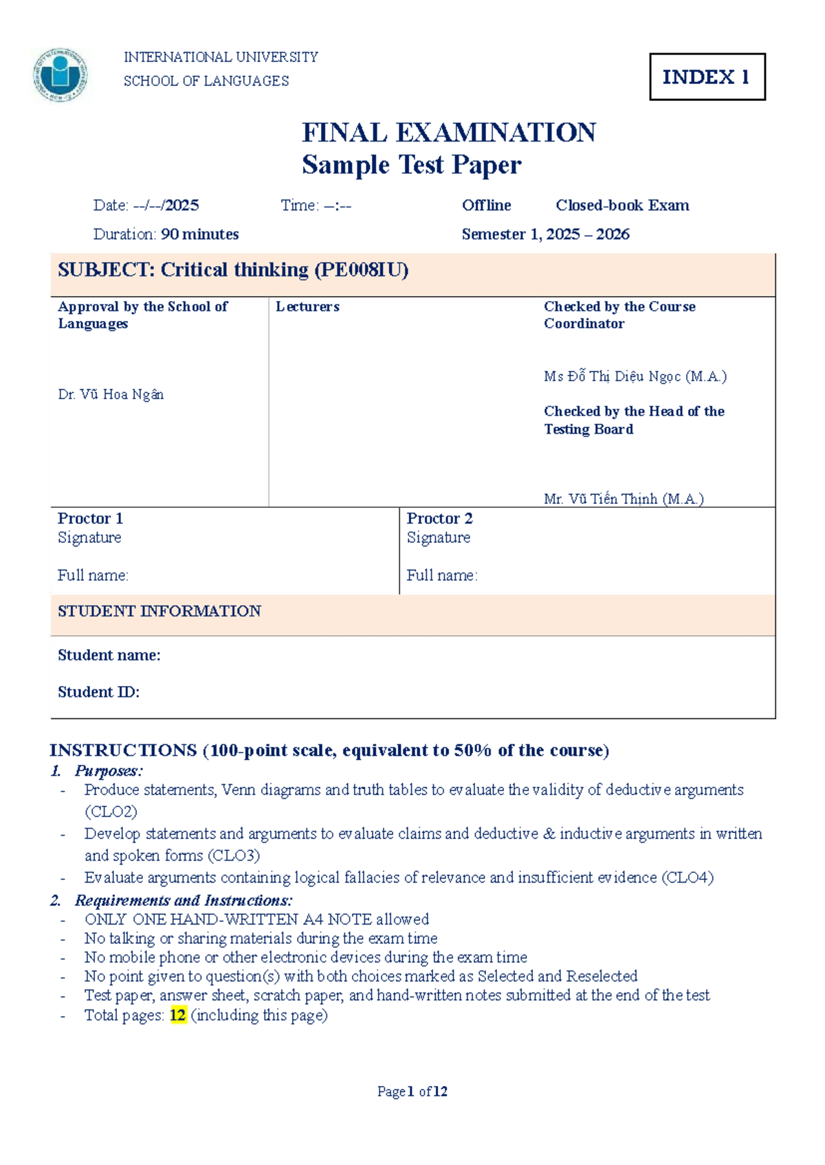 Critical Thinking (PE008IU) - Sample Final Exam Paper 2025 - Studocu