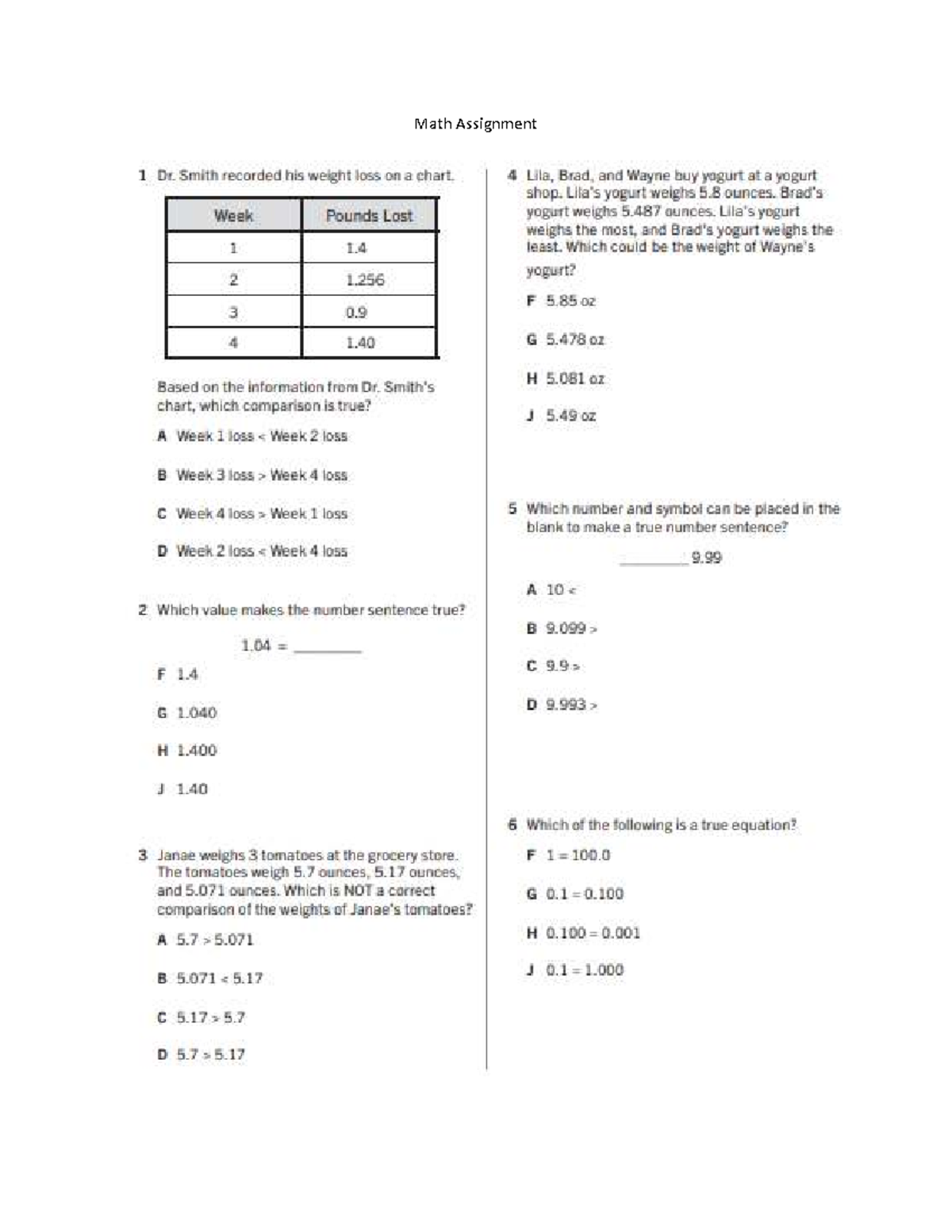 Math Assignment 1 - Weight Comparisons and Equations (MATH 04) - Studocu
