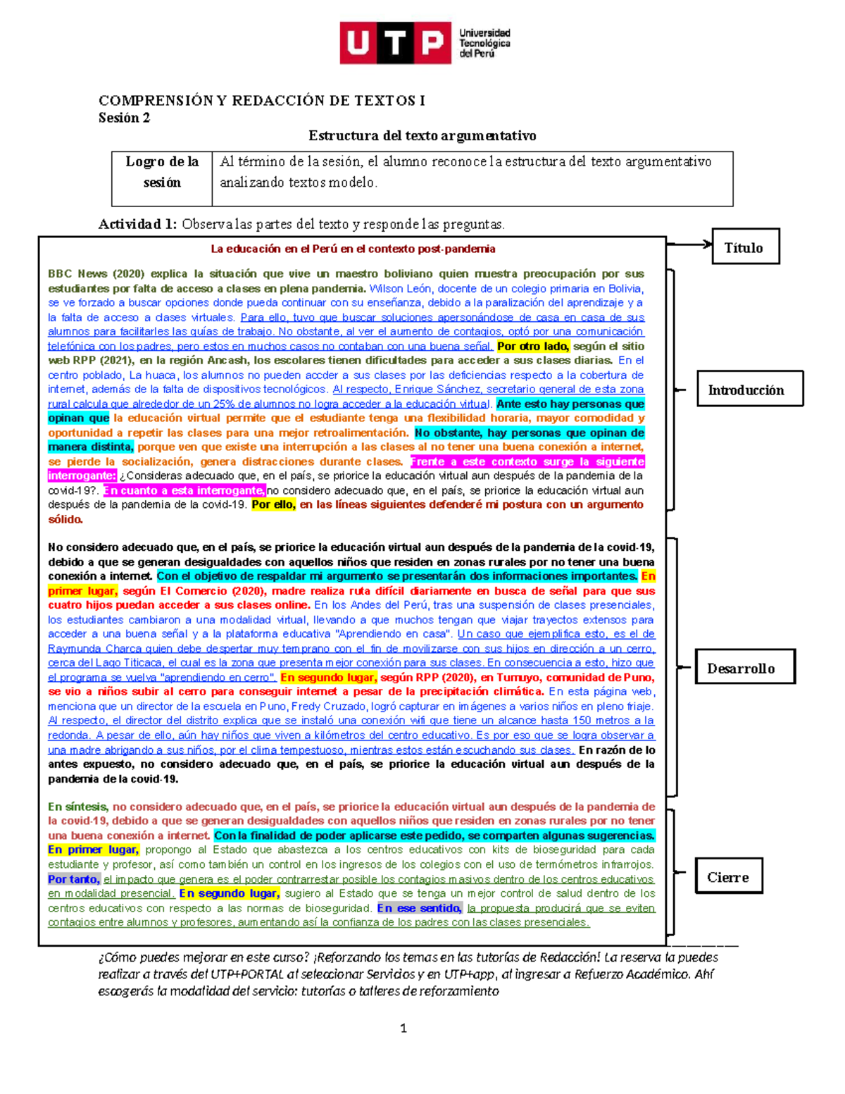 COMPRENSIÓN Y REDACCIÓN DE TEXTOS I - Sesión 2: Estructura del Texto ...