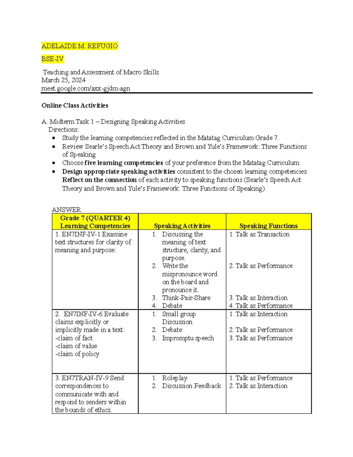 Designing Speaking Activities - ADELAIDE M. REFUGIO BSE-IV Teaching and ...