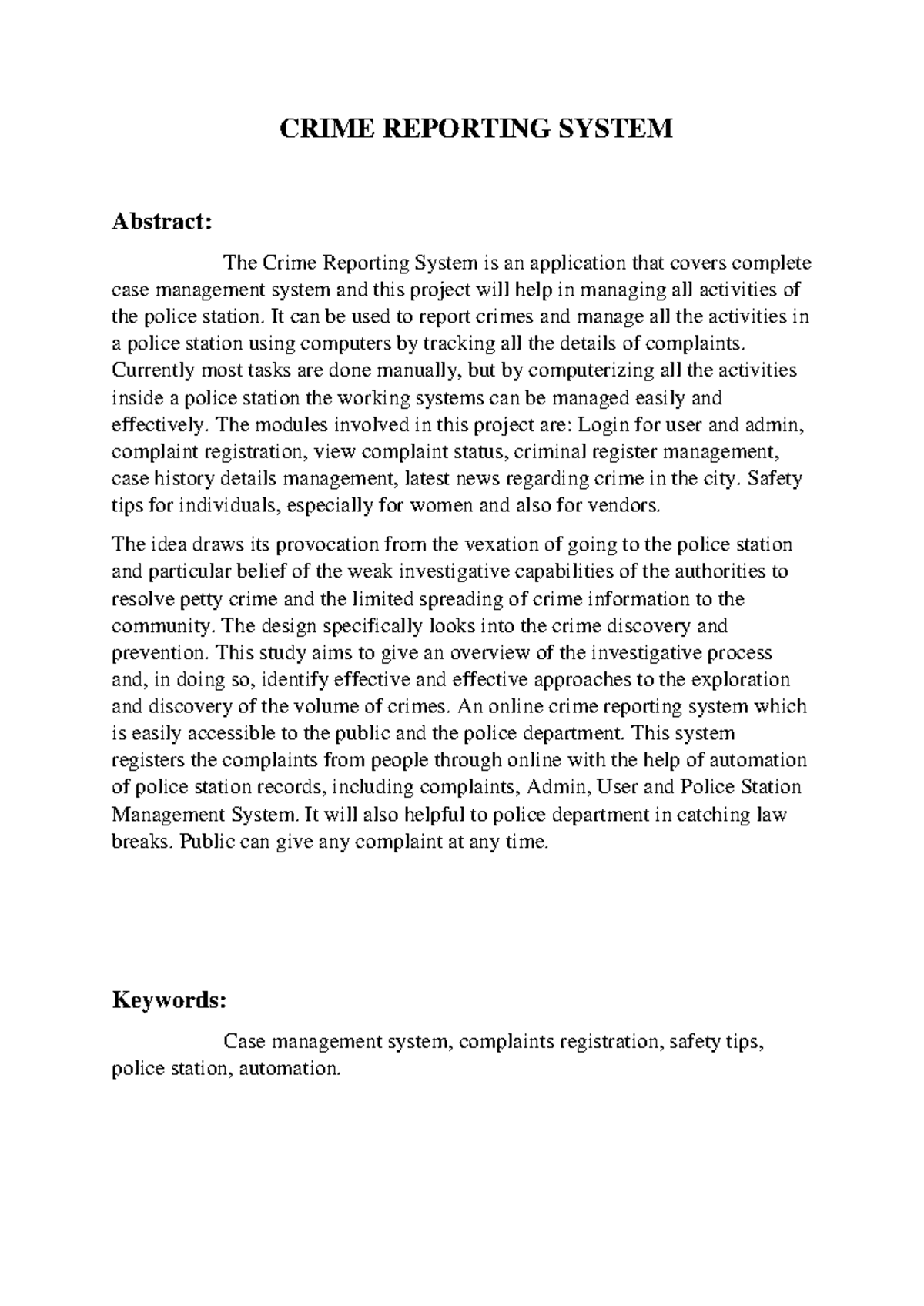 Crime Reporting System Abstract - CRIME REPORTING SYSTEM Abstract: The ...