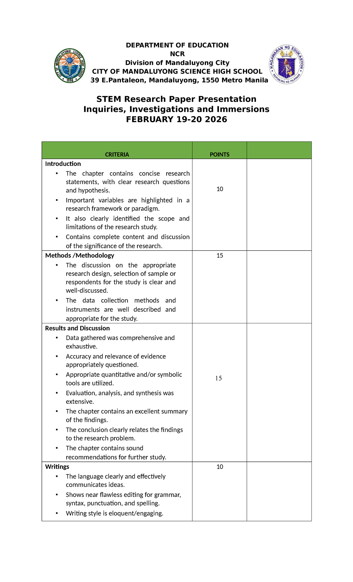 STEM Research Paper Presentation Criteria for III Final 3 - Studocu