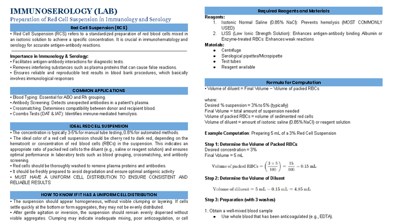 IMMUNOSEROLOGY (LAB) Red Cell Suspension Preparation Guide - Studocu