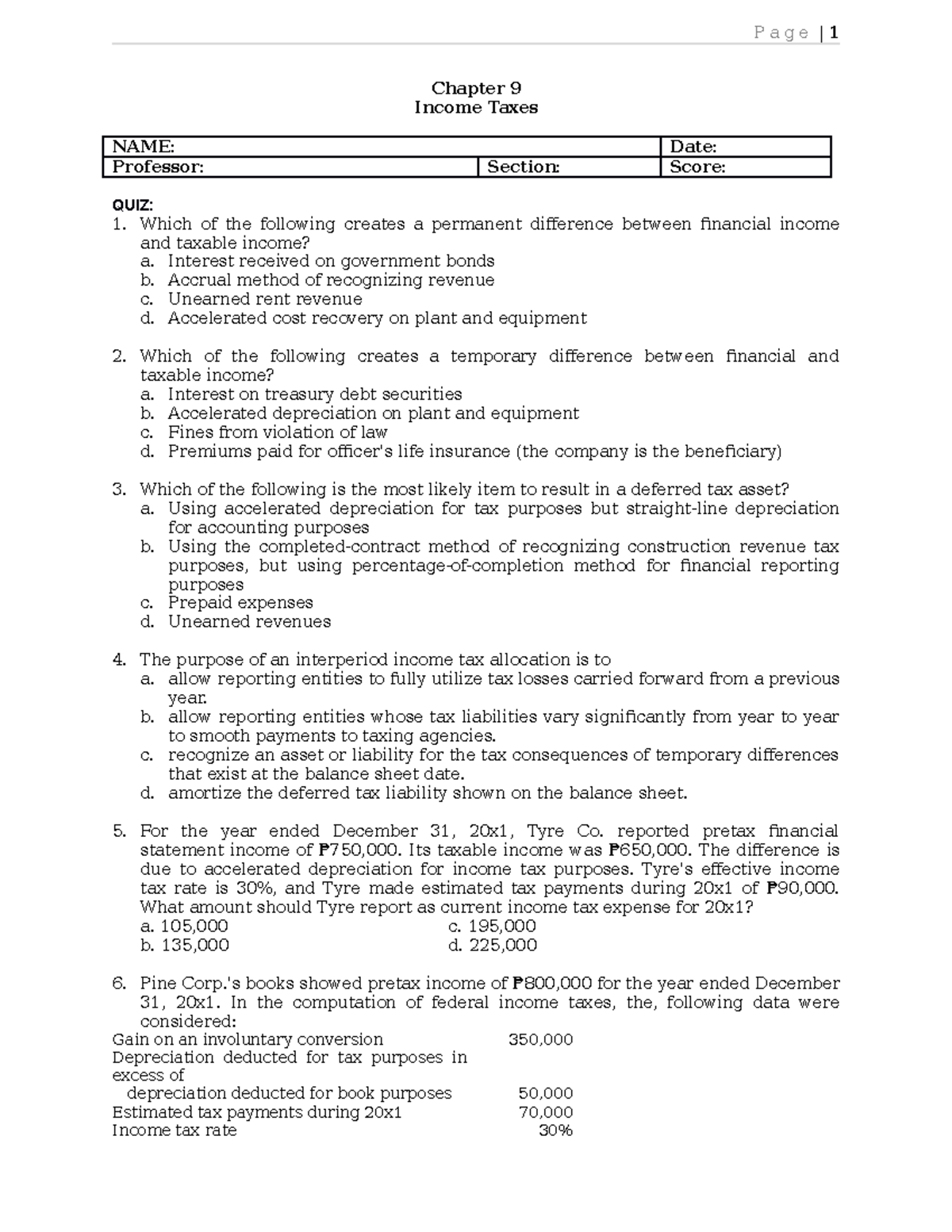 Income Taxes Quiz - ACCT 2021 - Chapter 9 Review - Studocu