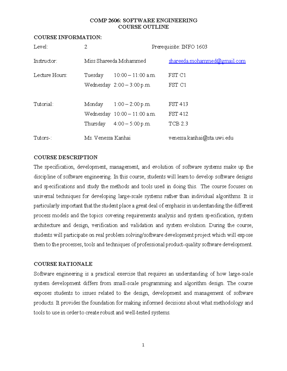 2023-2024 Semester 2 COMP 2606 Software Engineering Course Overview - Studocu