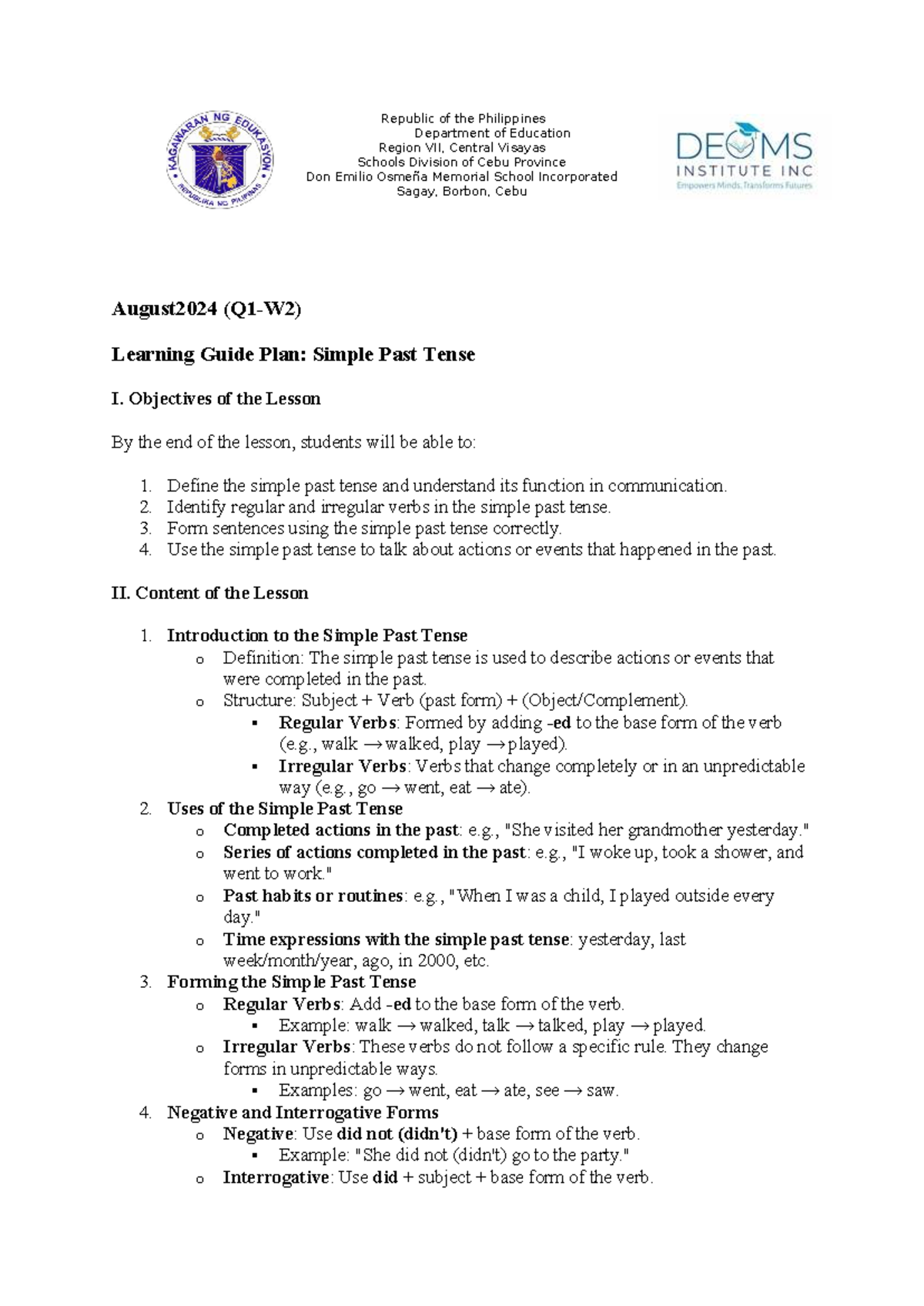 ENG 101 - Learning Guide: Simple Past Tense Module - Studocu