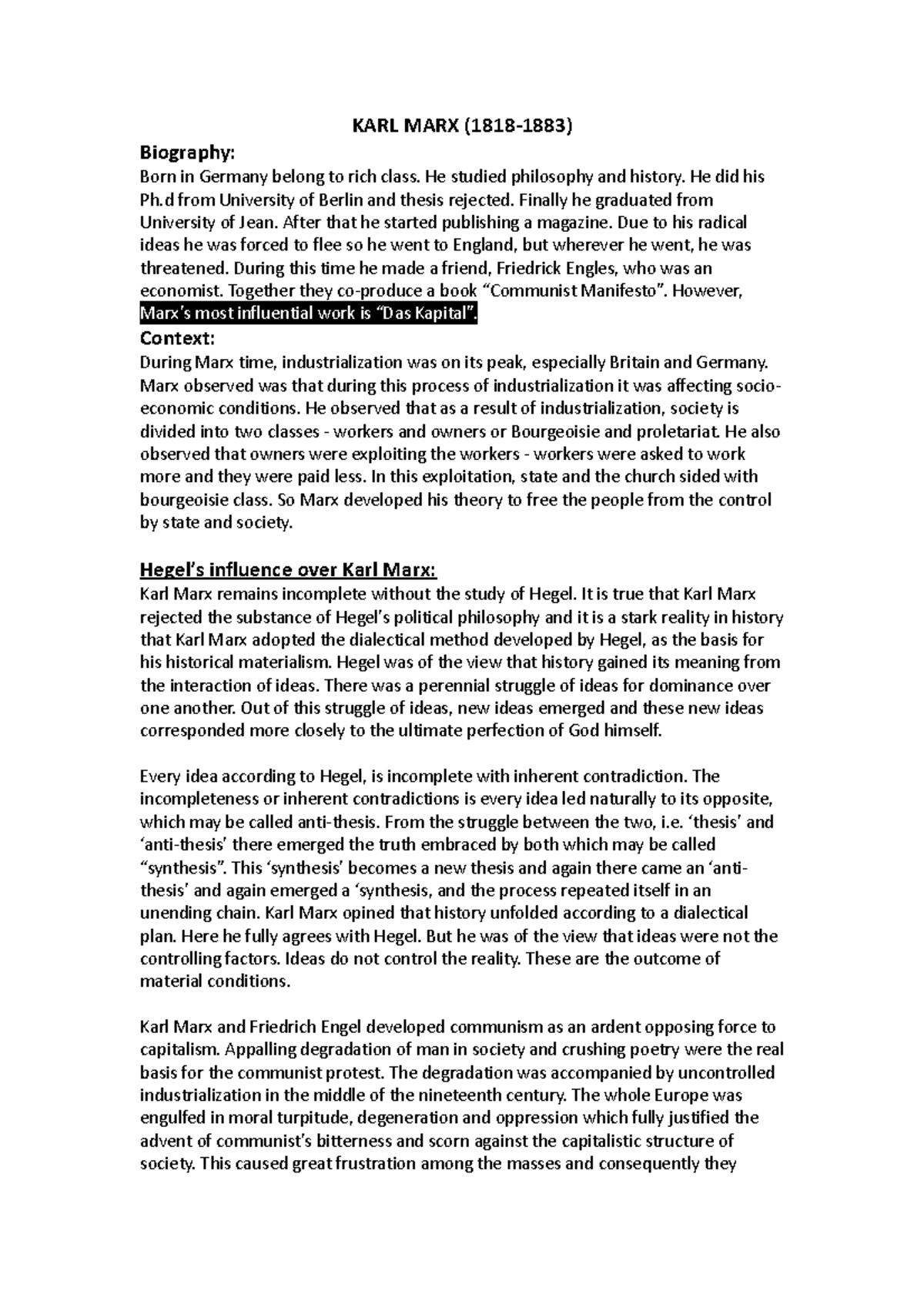 KARL MARX - Comprehensive Notes on His Life and Theories - Studocu