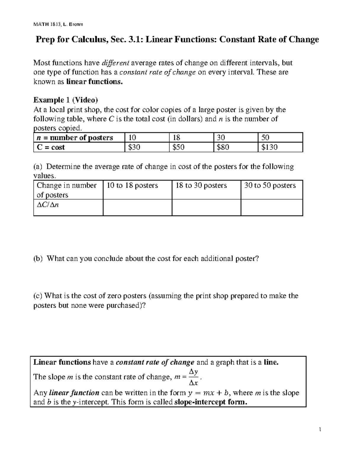 MATH 1813 Final Exam Review: Linear Functions & Rate of Change - MATH ...