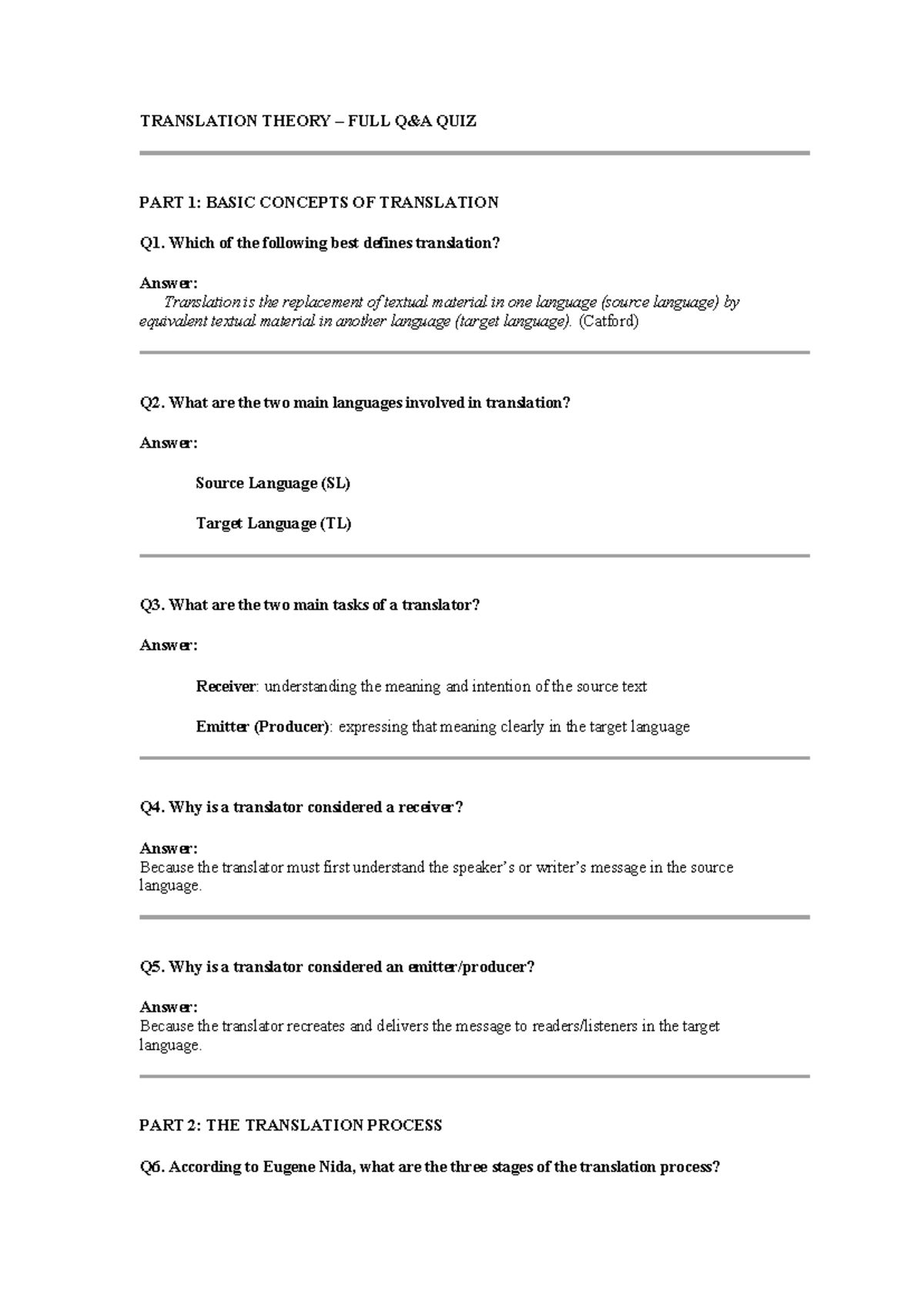Translation Theory Full Quiz Part 1: Basic Concepts & Processes - Studocu