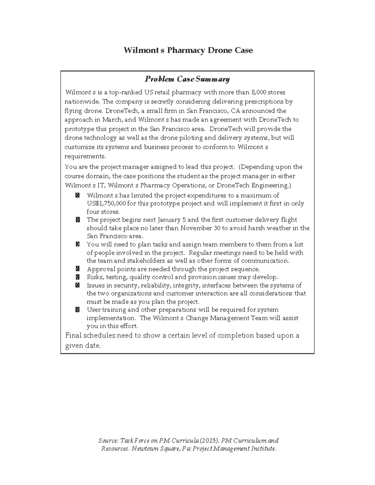 Wilmont's Pharmacy Drone Case Study: Project Management Overview - Studocu