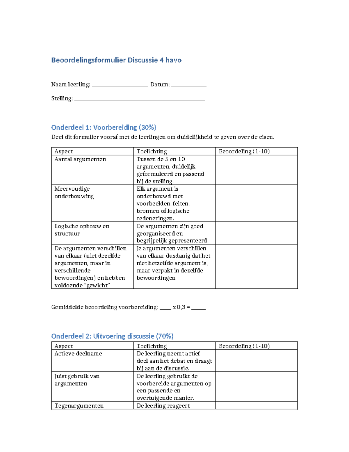Beoordelingsformulier Discussie 4 Havo: Voorbereiding en Uitvoering ...