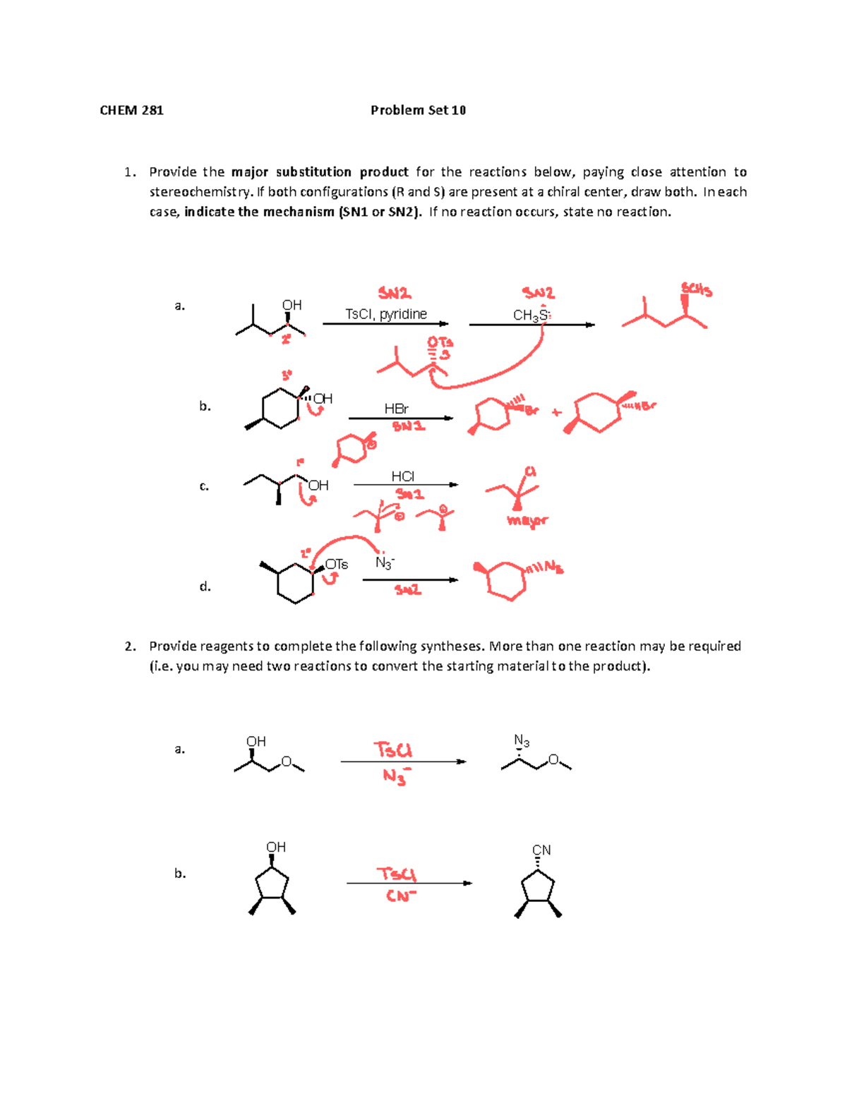CHEM 281 Problem Set 10: Substitution Reactions & Mechanisms - Studocu