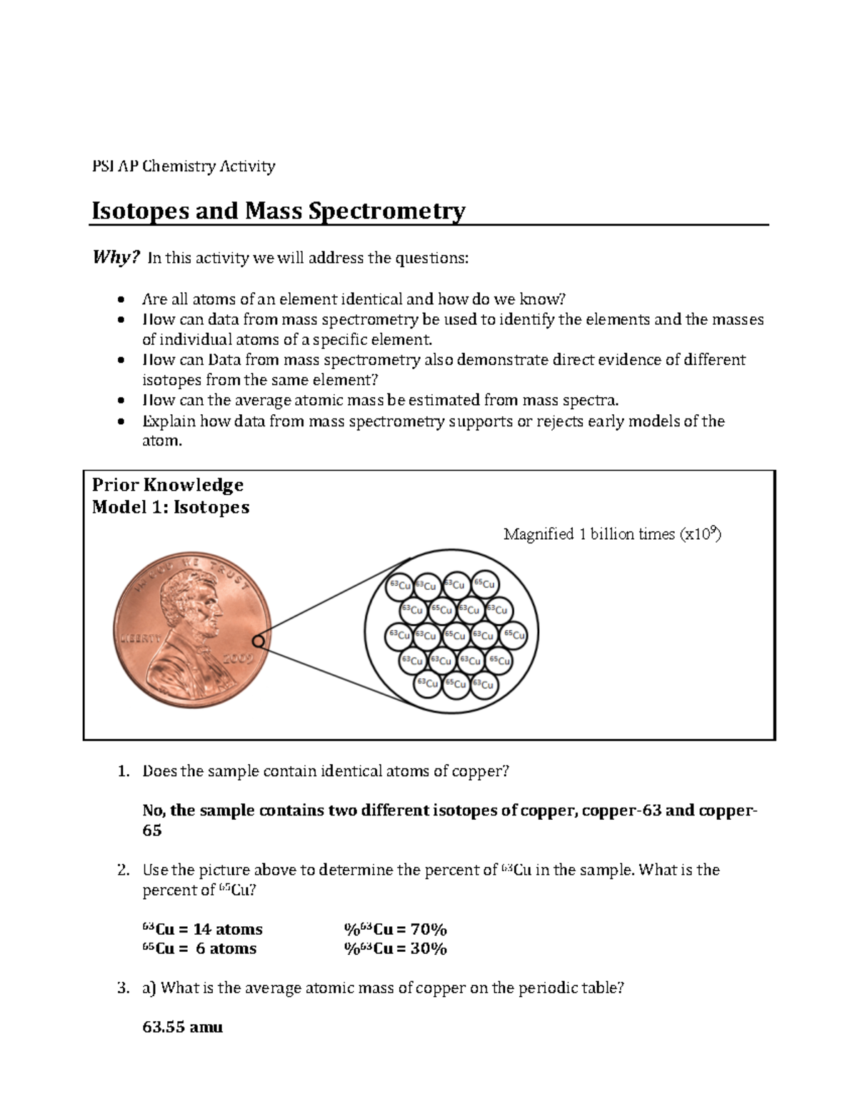 Ap-chem isotopes-and-mass-spectrometry-activity Solutions - PSI AP Chemistry Activity Isotopes ...