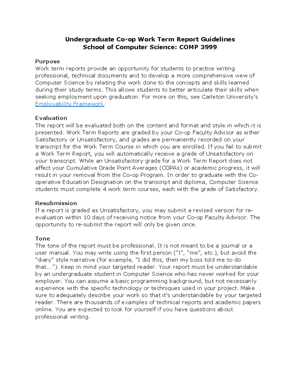 COMP 3999 Co-op Work Term Report Guidelines for Undergrad Students - Studocu