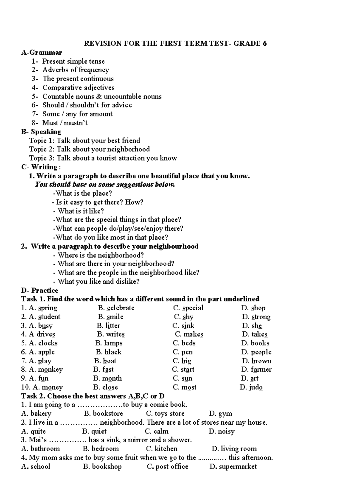 Revision for the First End-Term Test: Grade 6 English Skills - Studocu