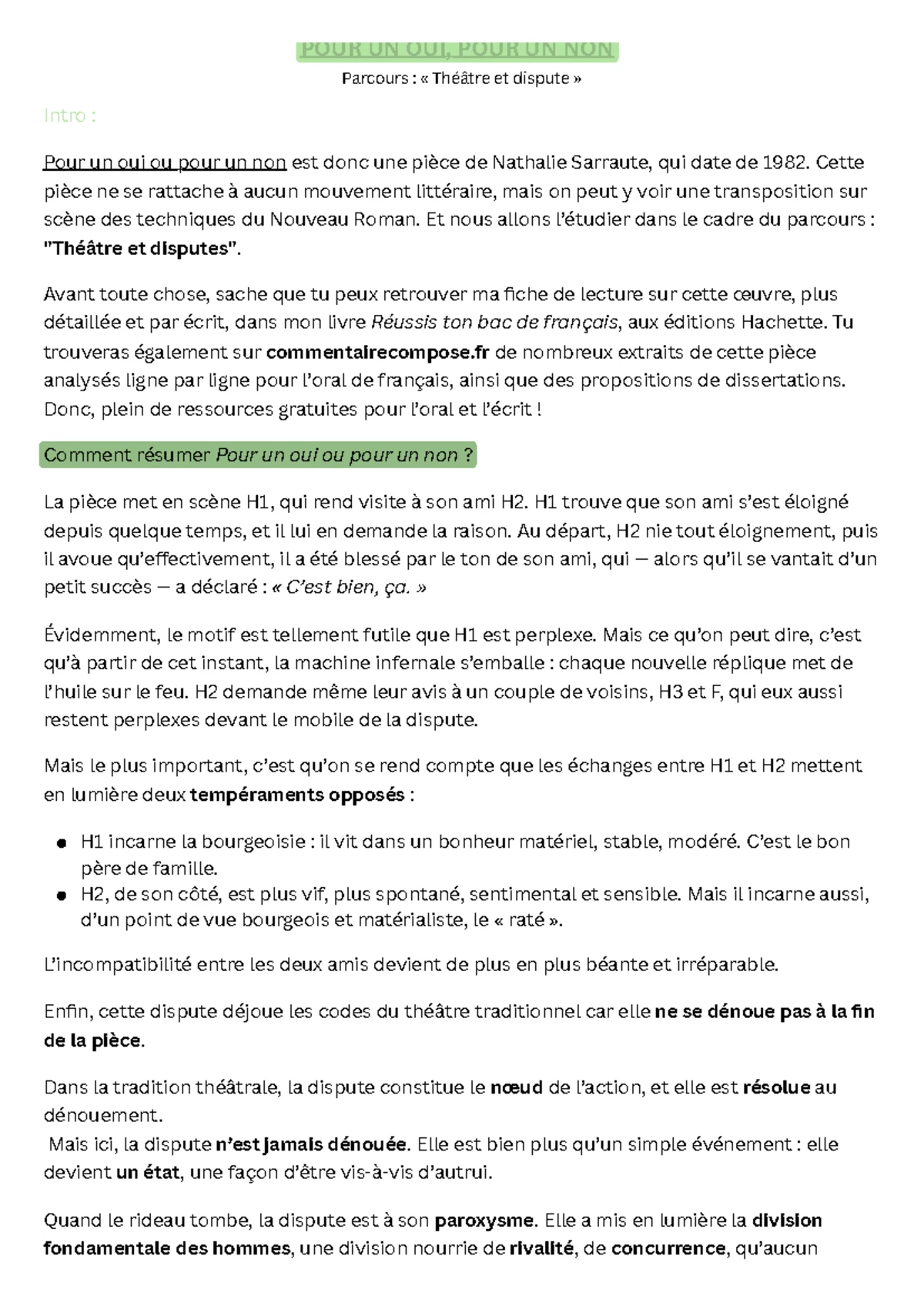 Analyse linéaire de la scène d'exposition de "Pour un oui ou pour un ...