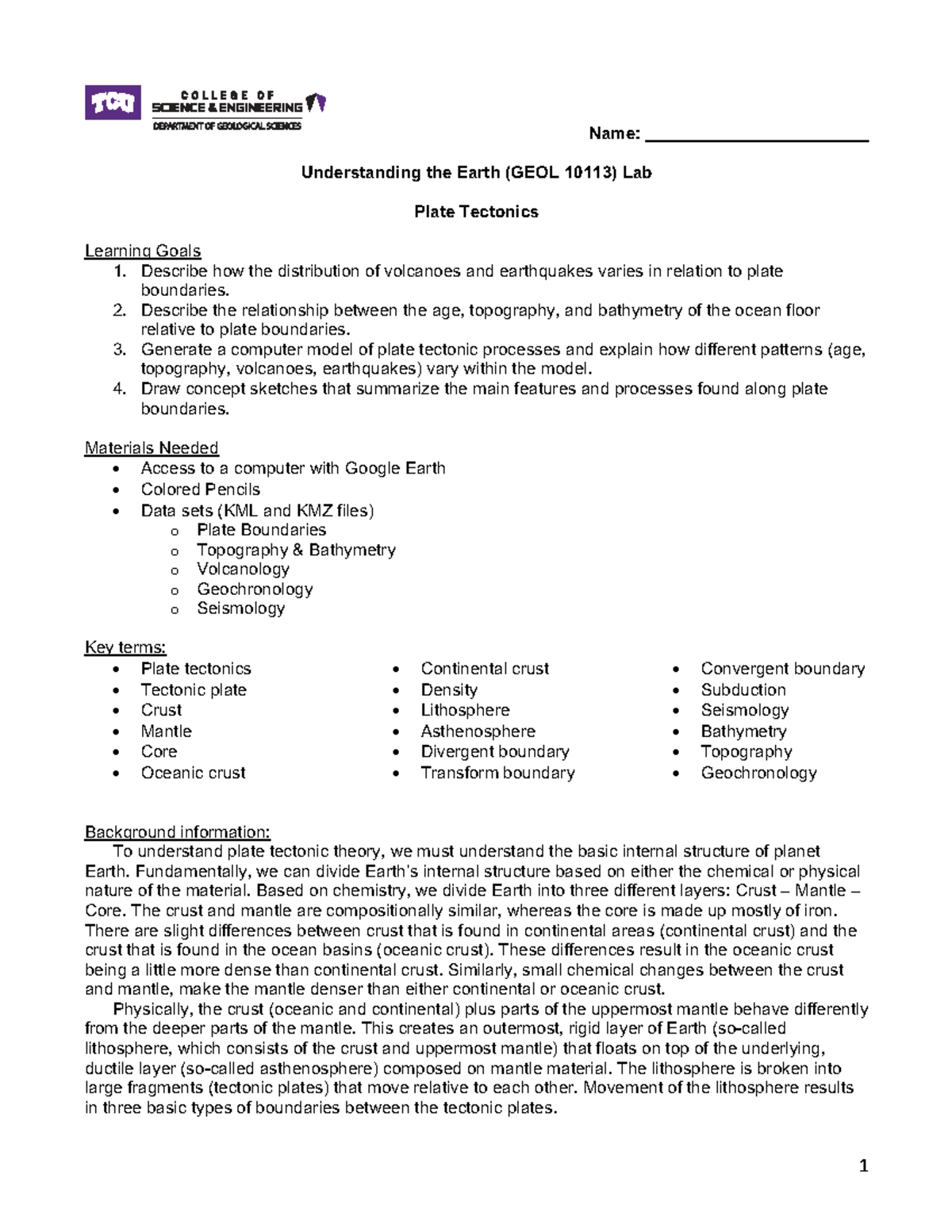 Understanding Plate Tectonics: Lab Goals & Activities (GEOL 10113 ...