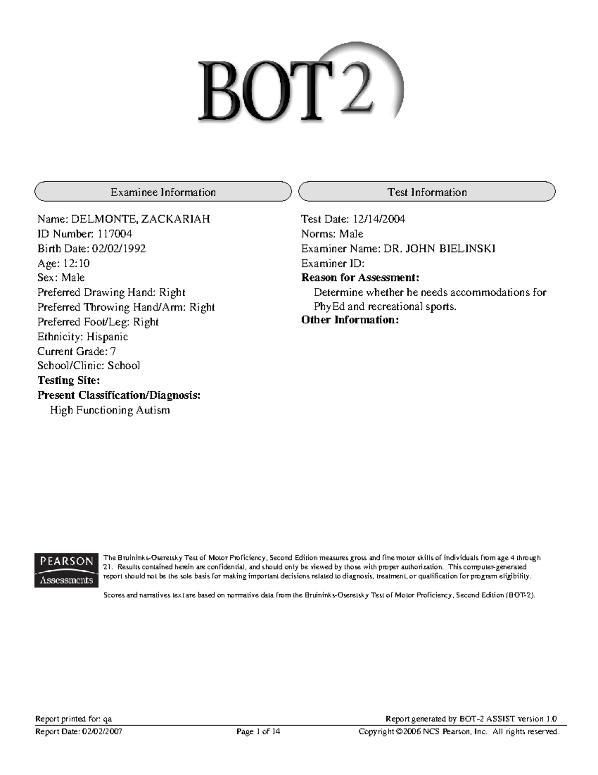 Motor Proficiency Assessment Report for ZACKARIAH DELMONTE (ID: 117004 ...