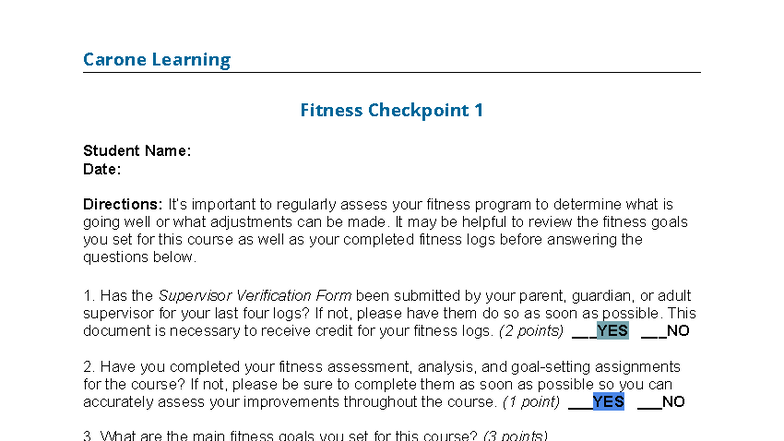 Carone Learning Fitness Checkpoint 1: Fitness Assessment & Progress ...