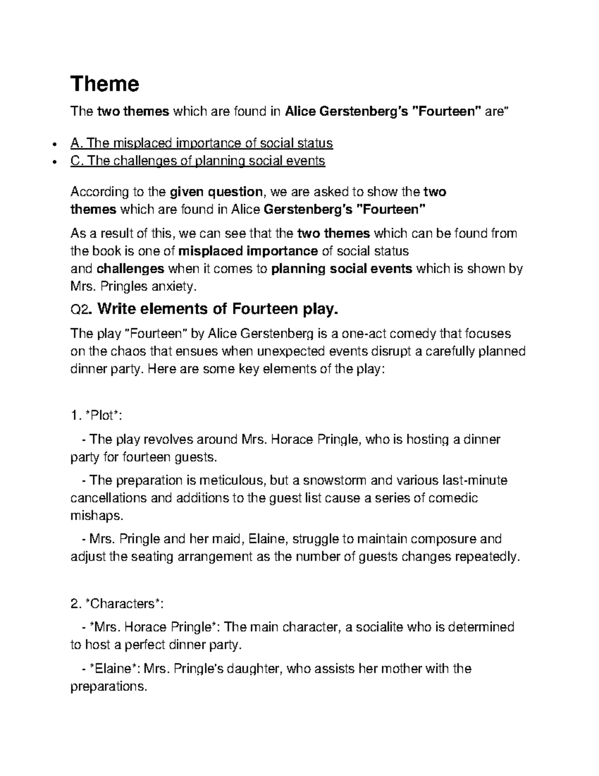 Analysis of Themes and Elements in Gerstenberg's "Fourteen" - ENG101 ...