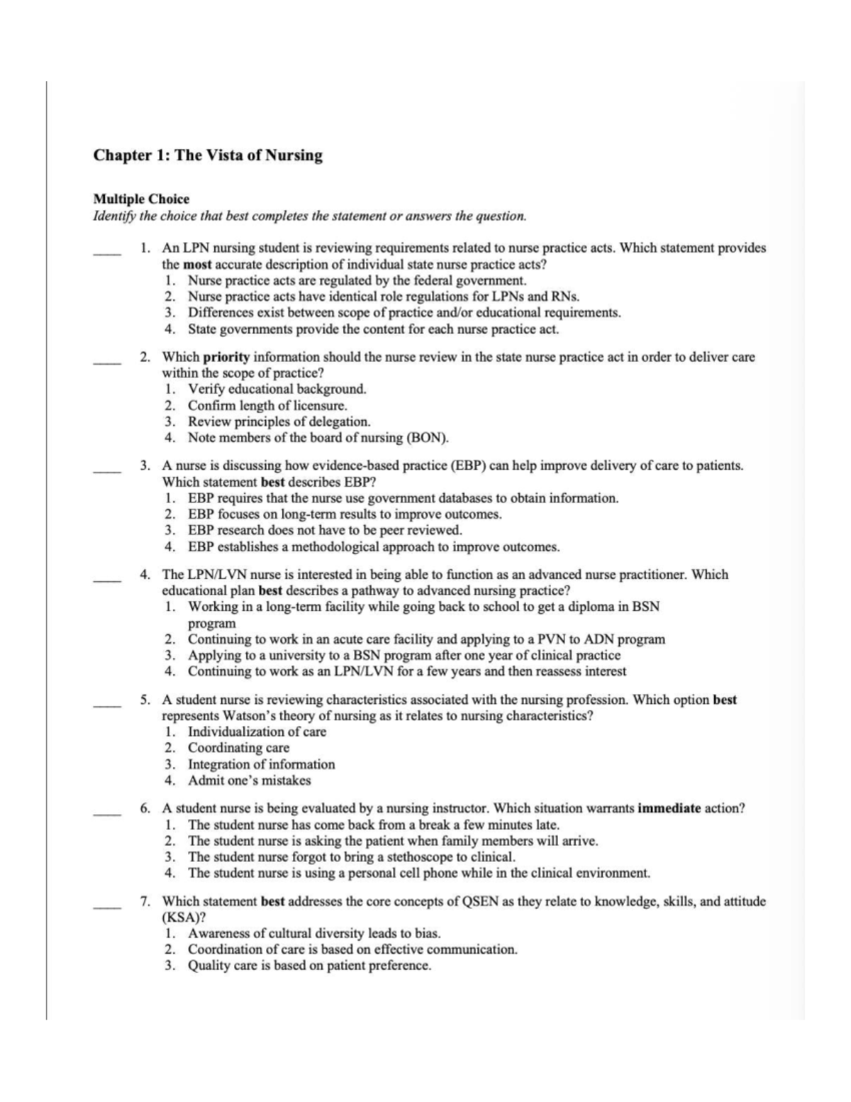 FA Davis Fund: Chapter 1 Nursing MCQs and Key Concepts - Studocu