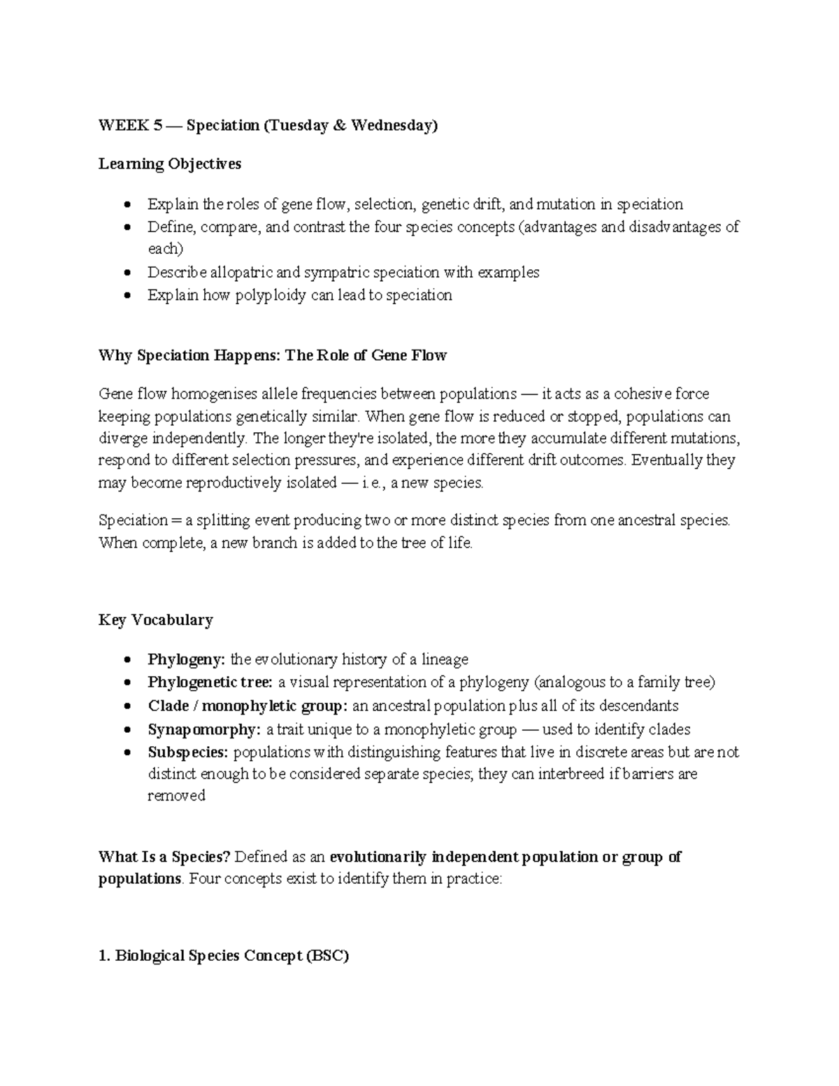 WEEK 5 Speciation Learning Objectives and Key Concepts for Midterm ...
