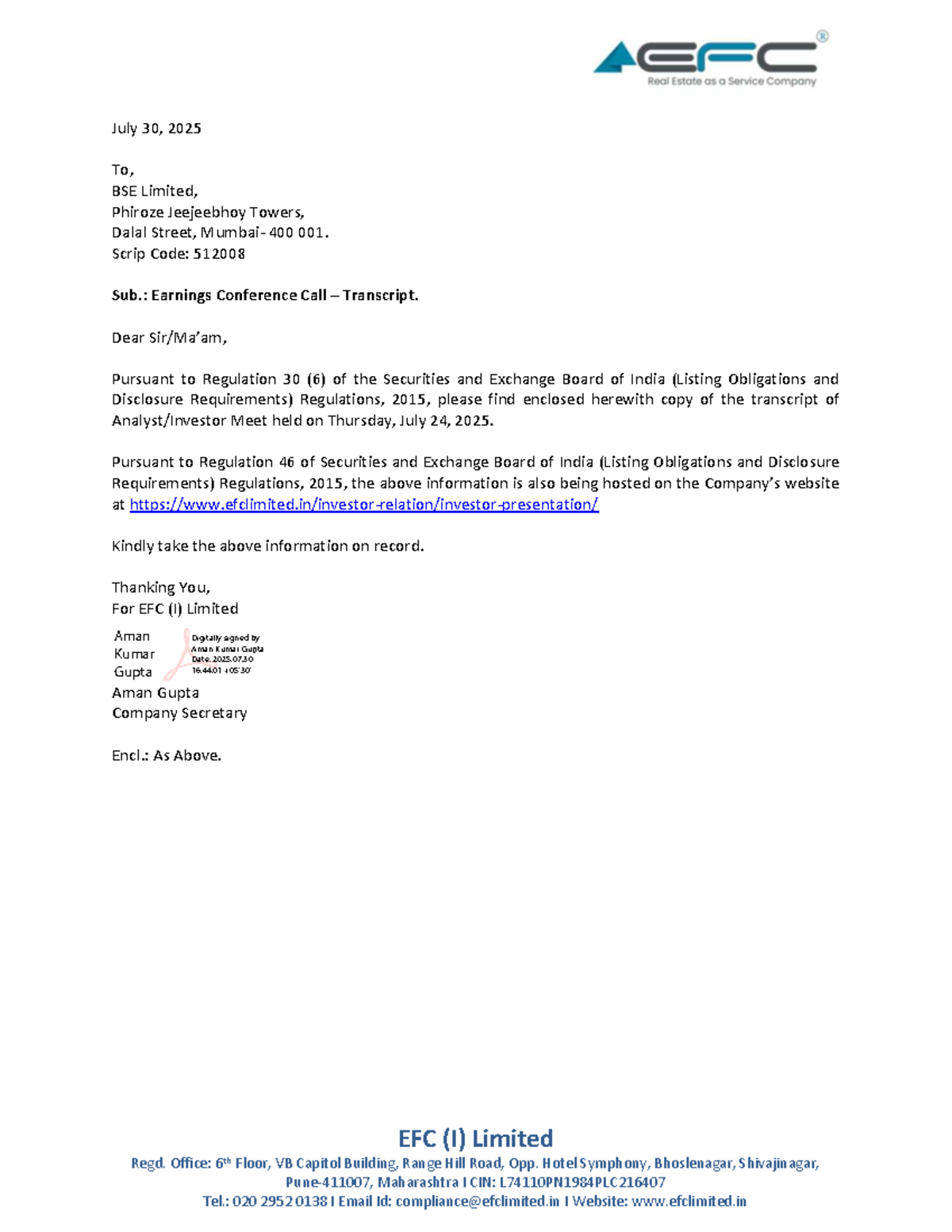 EFC (I) Limited Q1 FY 2026 Earnings Conference Call Transcript - Studocu