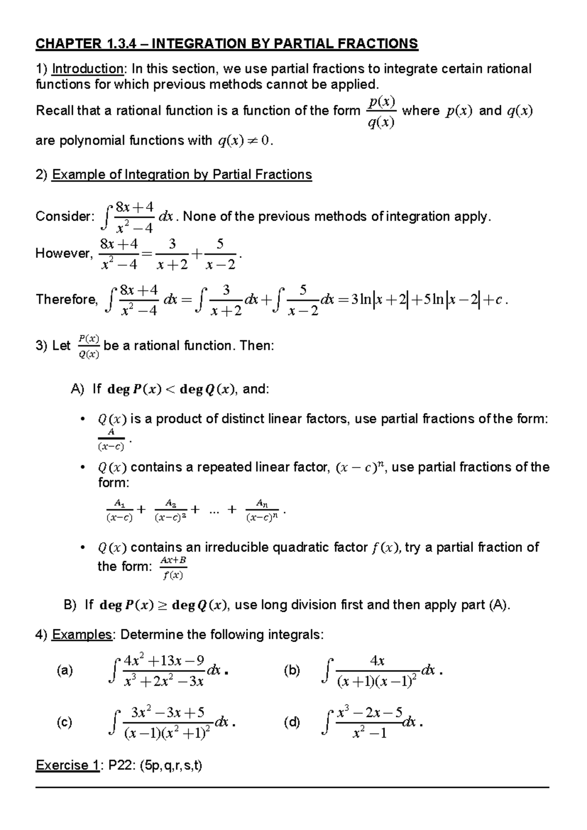 CHAPTER 1.3.4 INTEGRATION: PARTIAL FRACTIONS EXAMPLES & NOTES - Studocu