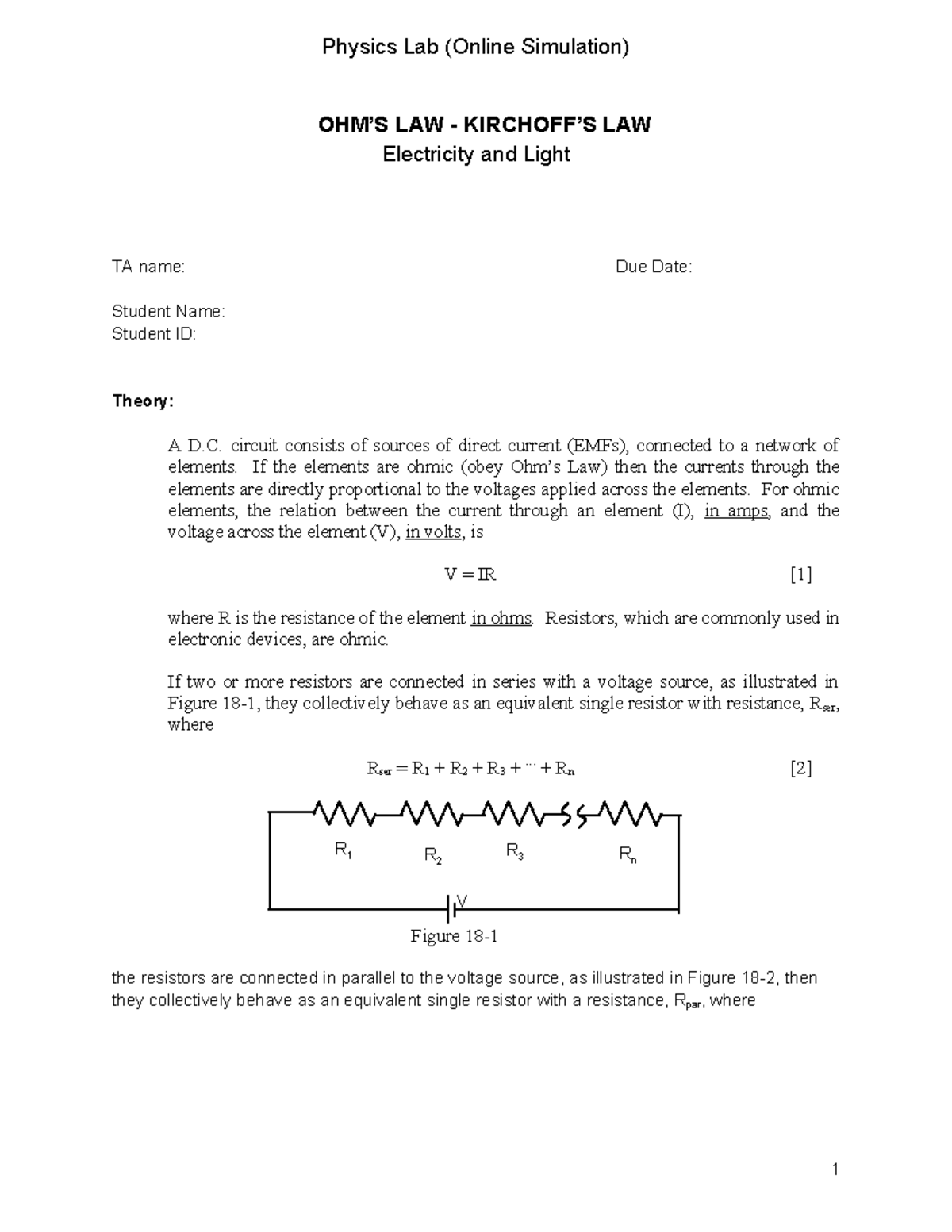 03-Ohm's Law & Kirchhoff's Law Lab Report (Physics 101) - Studocu