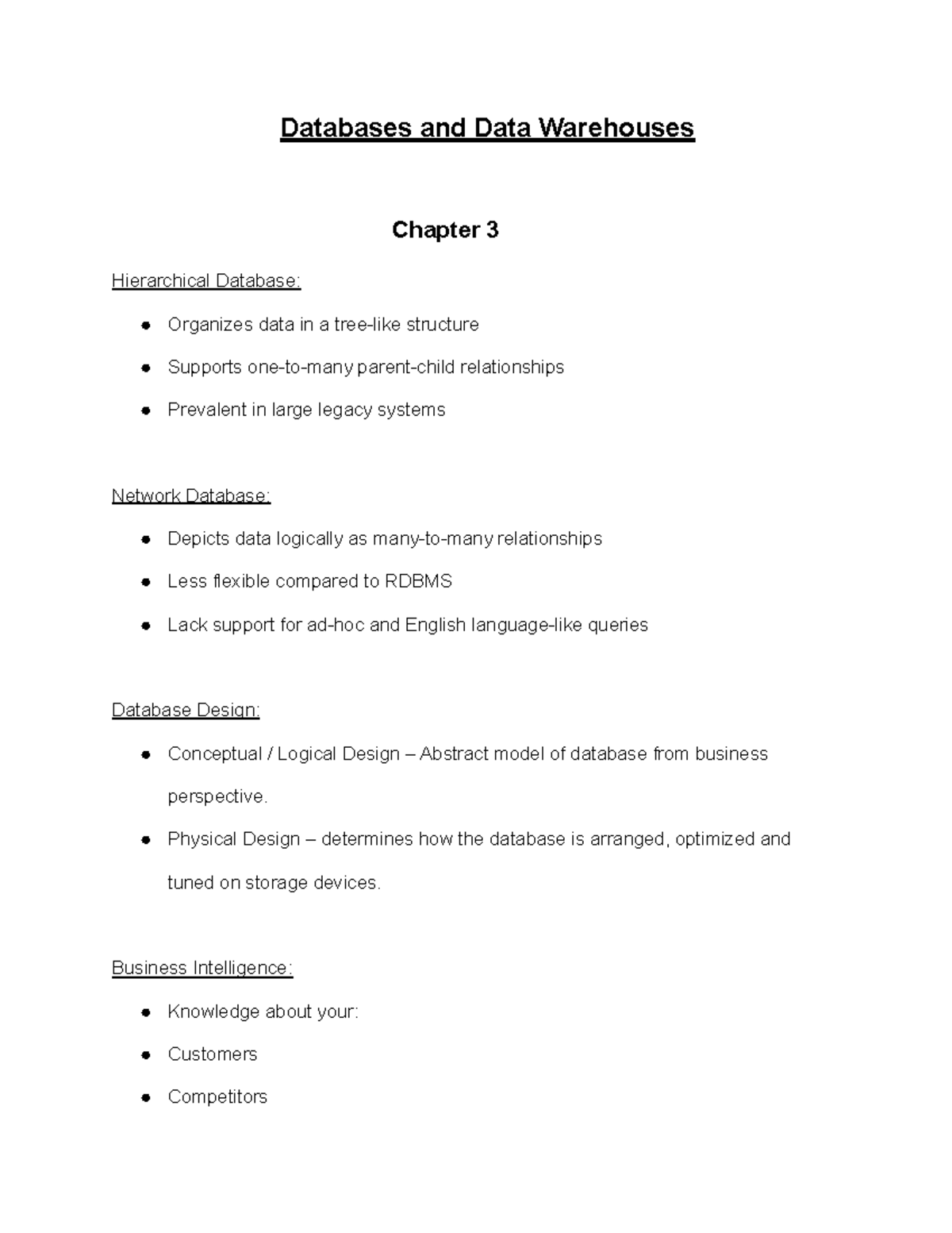 Intro to MIS Chapter 3: Databases, Data Warehouses & BI Concepts - Studocu
