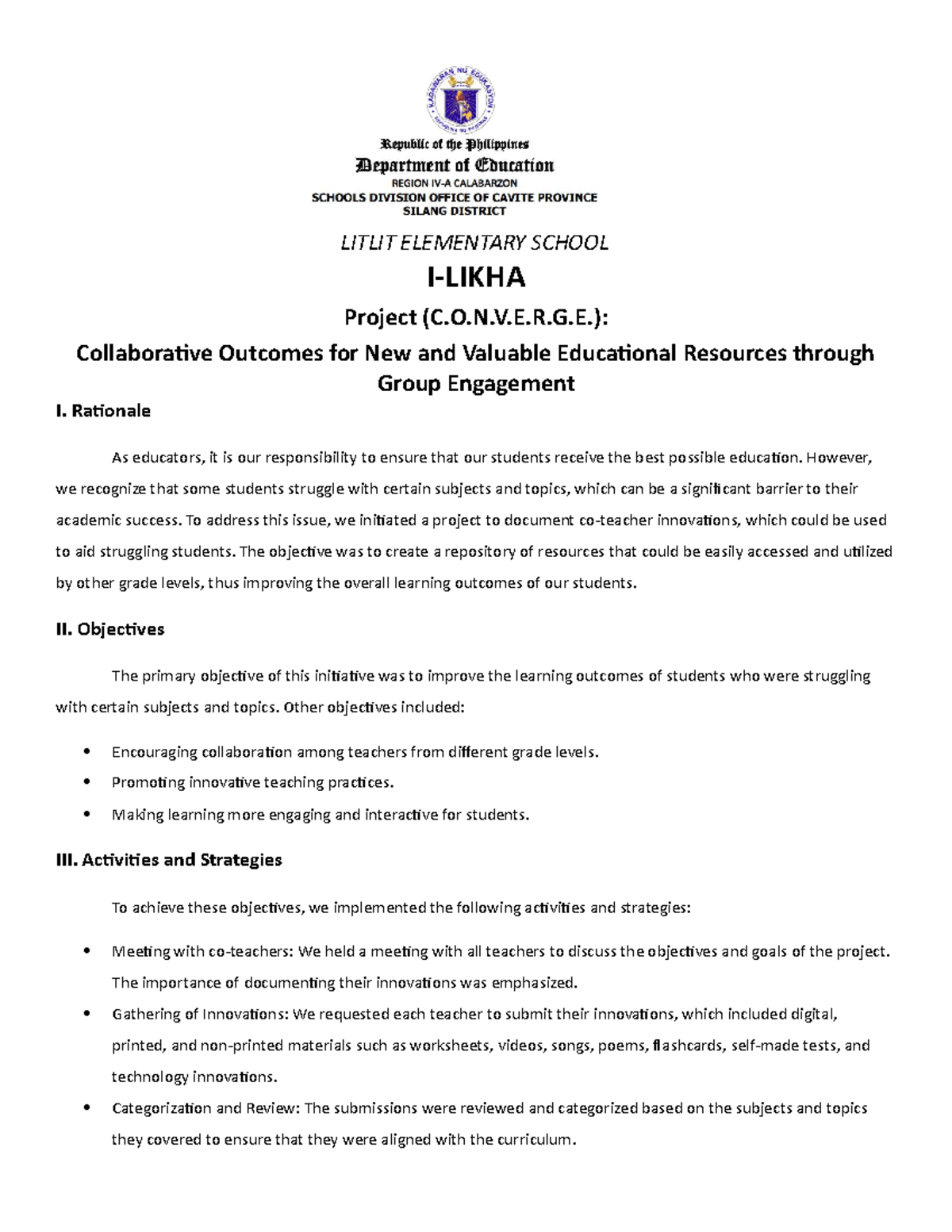 I-LIKHA Project Accomplishment Report 2022-2023 at LITLIT ES - Studocu