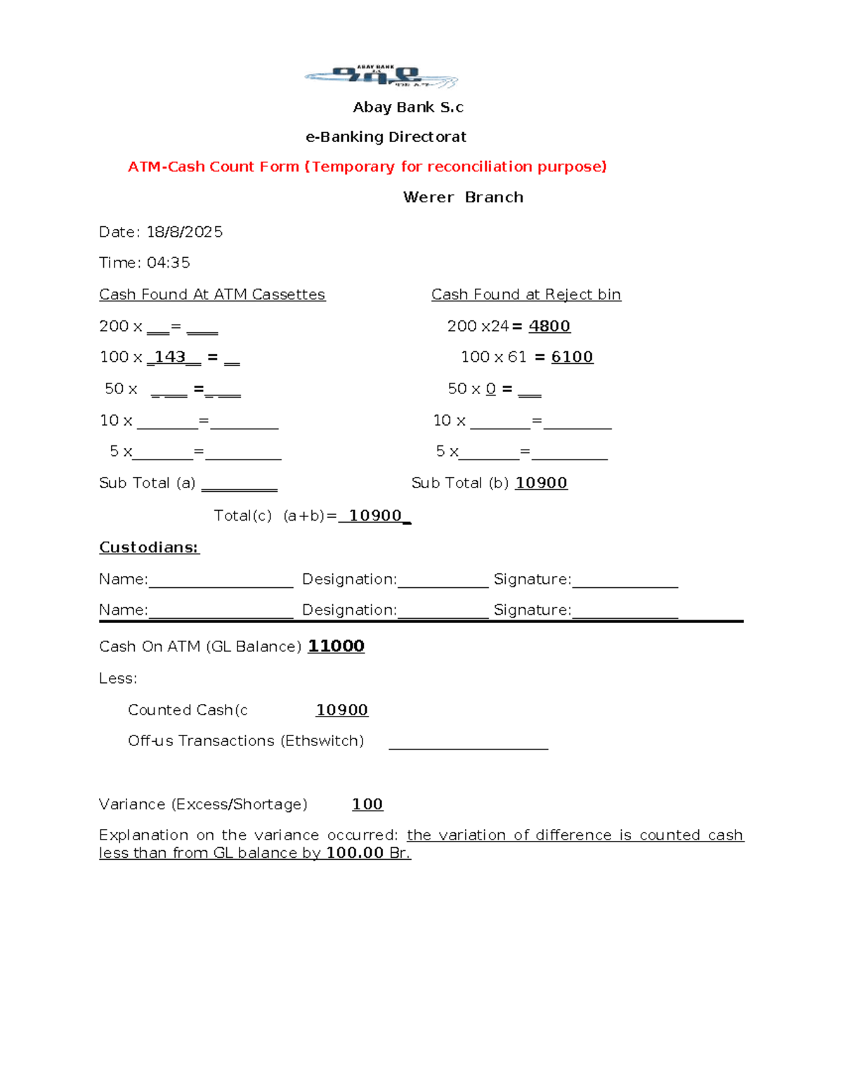 ATM-CASH- Count-FORM (Reconcilation 2) - Abay Bank S e-Banking ...