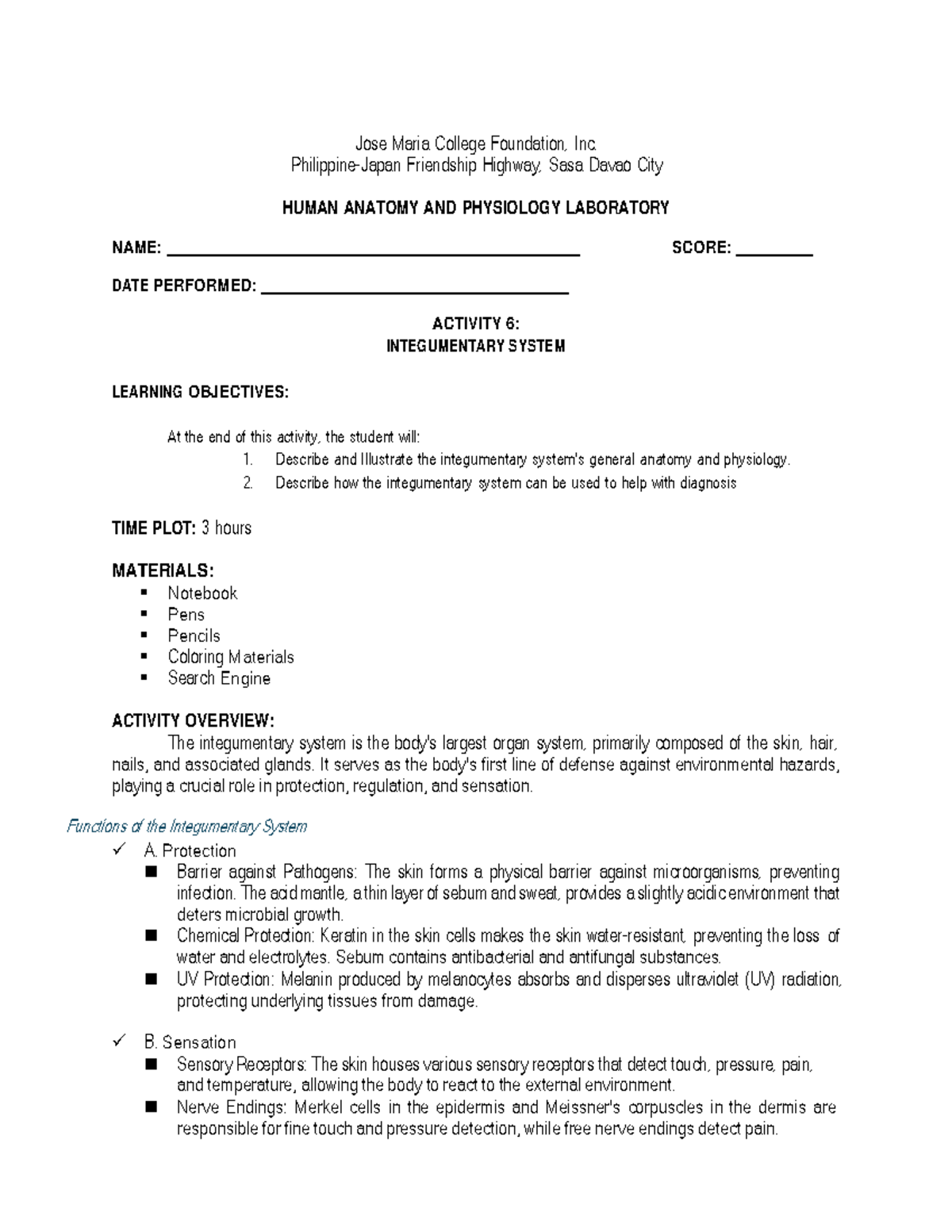 Activity 6: Integumentary System Overview - Human Anatomy & Physiology ...