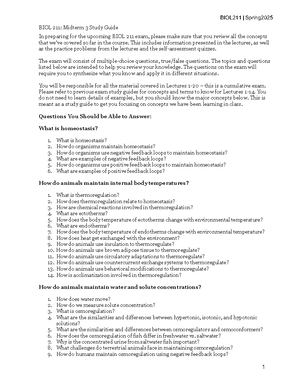 BIOL211 Spring 2025: Midterm 2 Study Guide for Exam Preparation - Studocu
