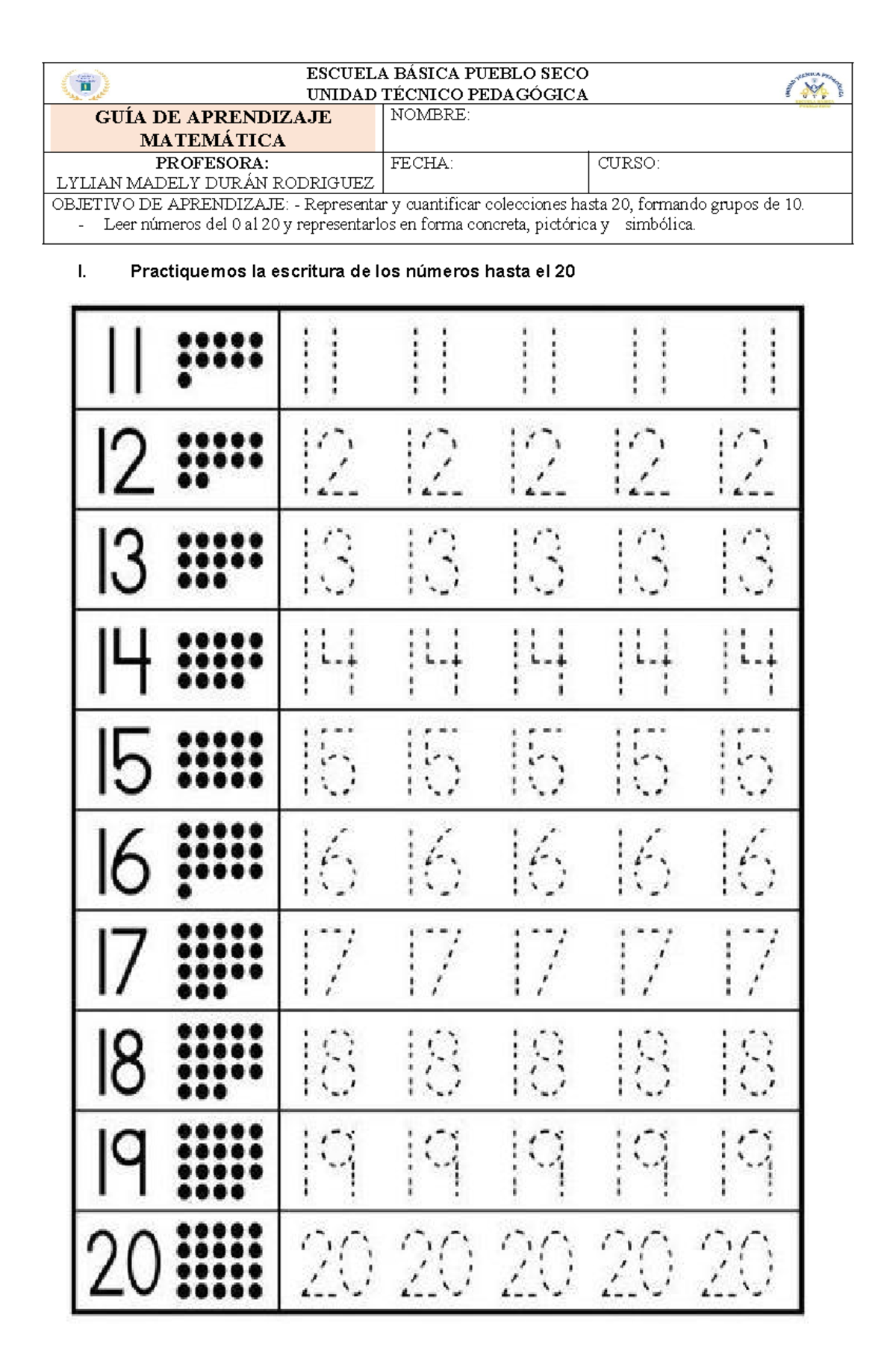 Guía de Aprendizaje: Contar Números del 1 al 20 en Matemática 1-20 ...