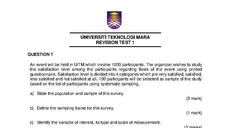 UiTM Revision Test 1: Event Satisfaction Study & Data Analysis - Studocu