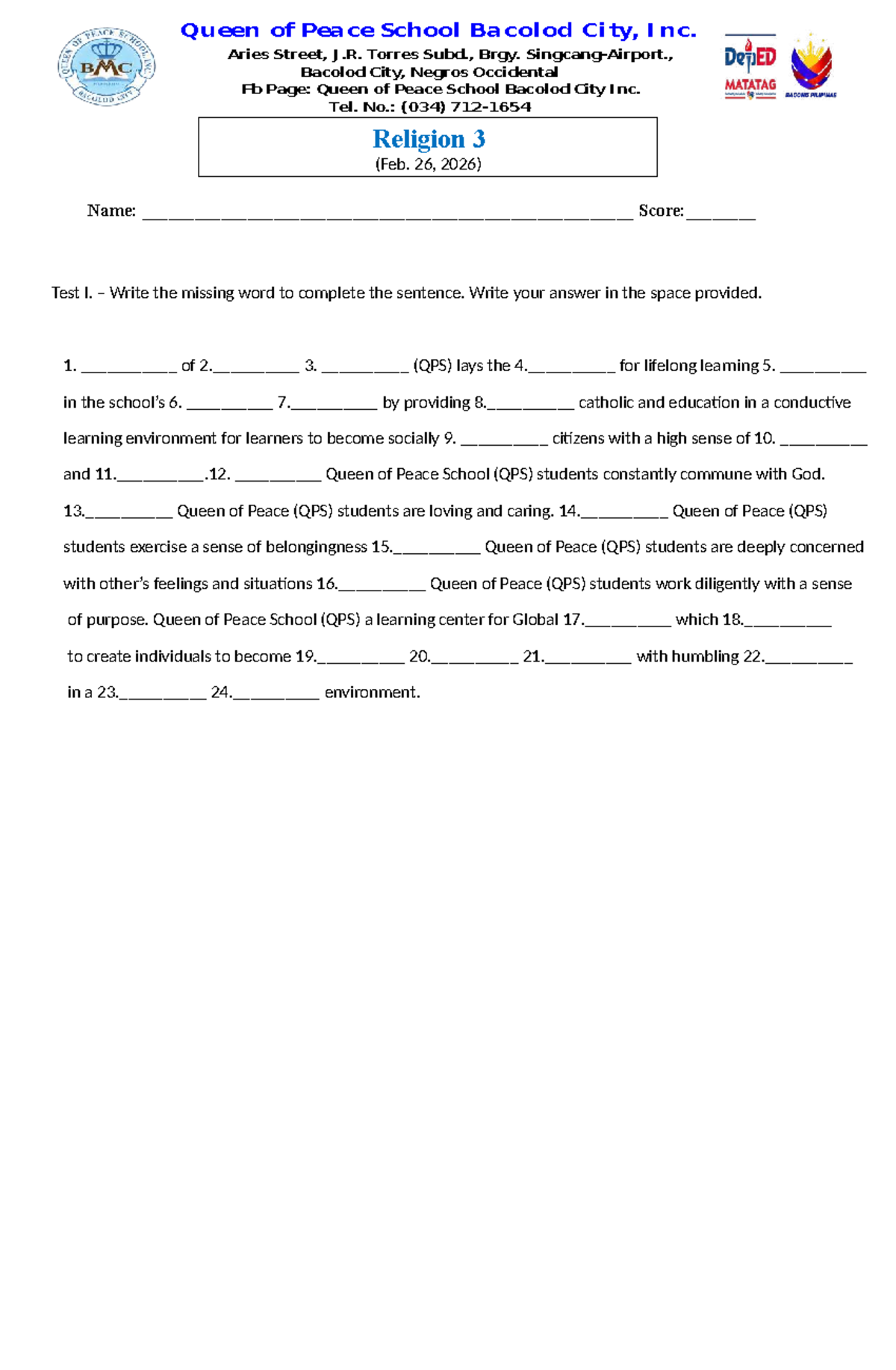 Religion 3 Study Guide: Queen of Peace School (QPS) - Studocu