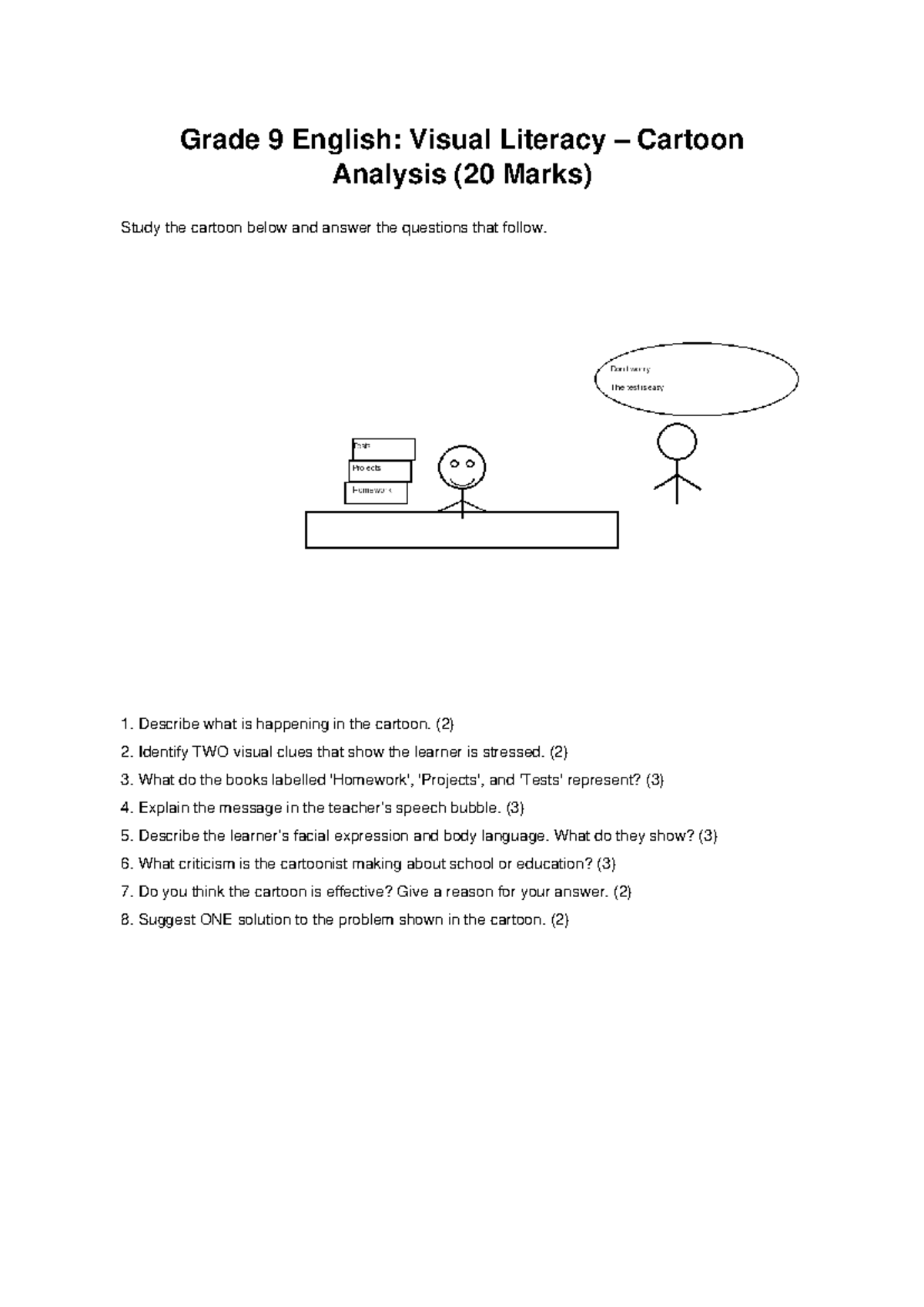 Grade 9 English: Visual Literacy Cartoon Analysis Worksheet (20 Marks ...