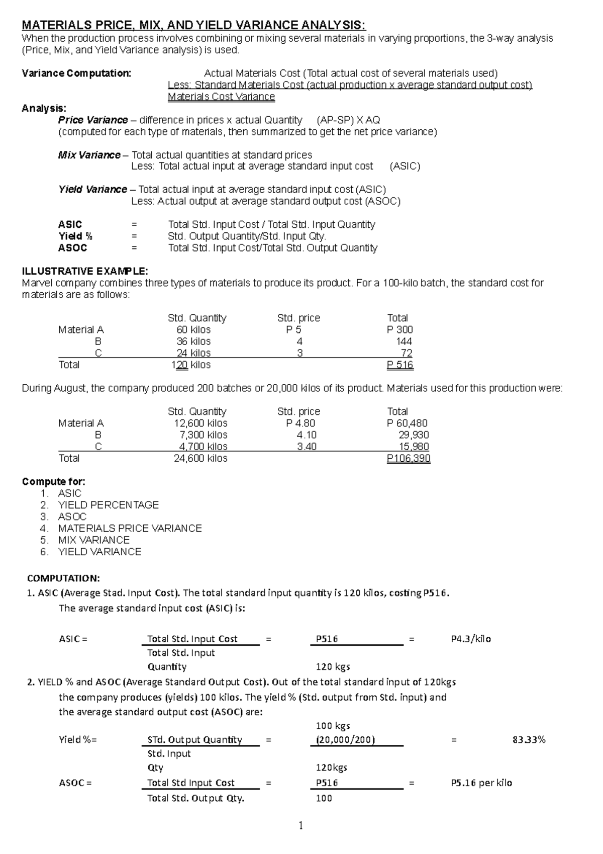 Materials PRICe mix ND Yield Variances - MATERIALS PRICE, MIX, AND ...