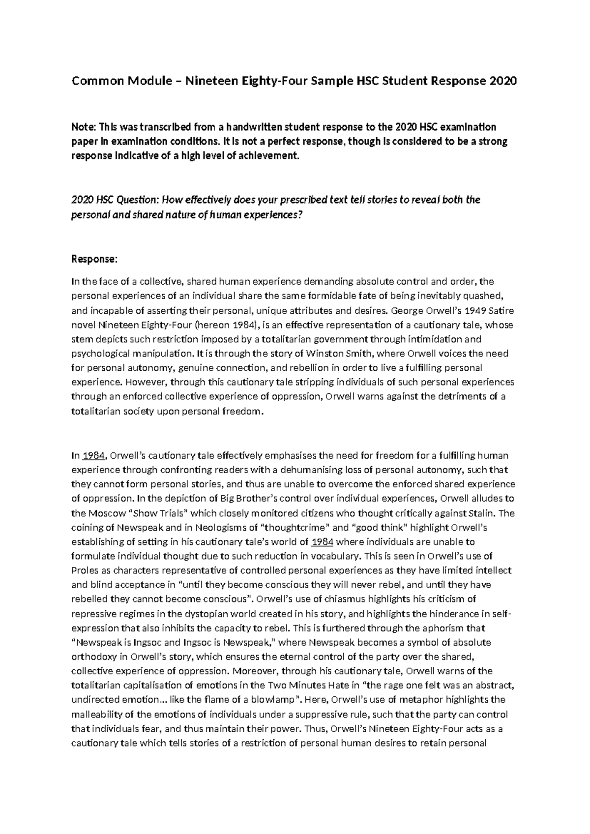 Nineteen Eighty-Four (1984) Essay Response - 2020 HSC Analysis - Studocu