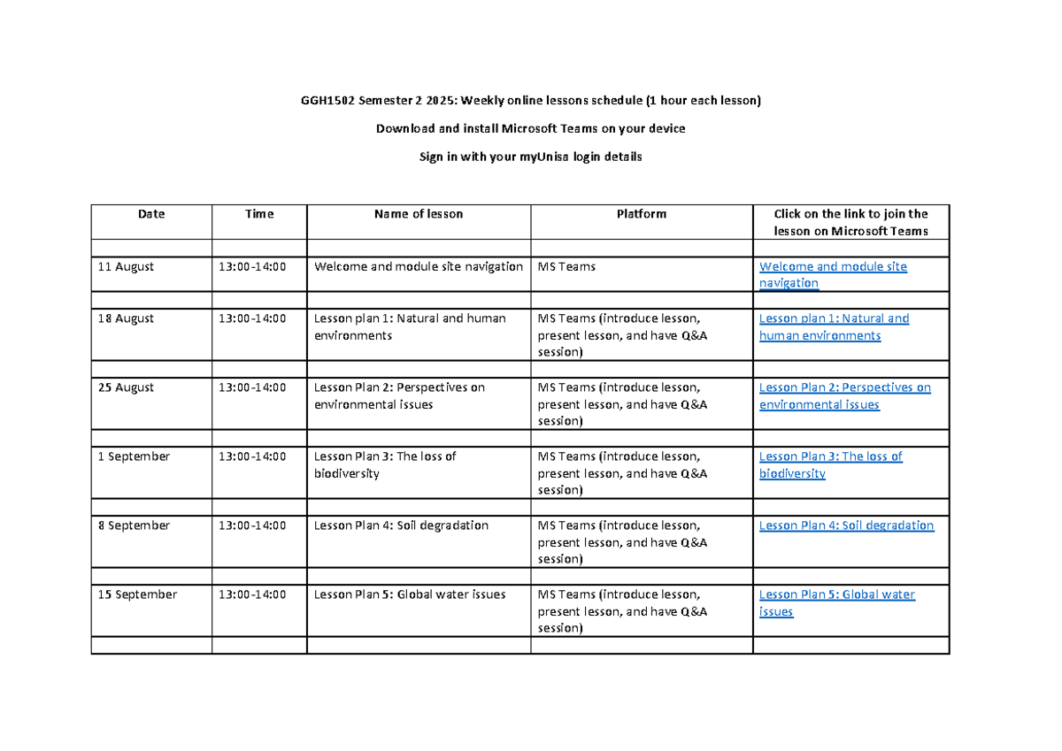 GGH1502 Semester 2 2025: Weekly Online Lesson Schedule - Studocu